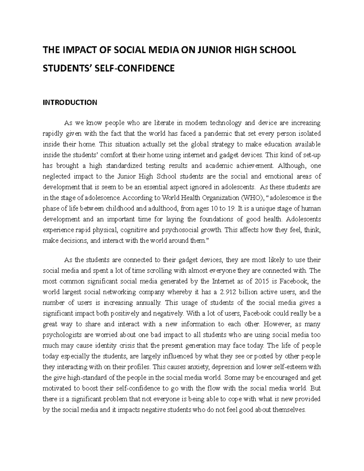 The Impact of Social Media on Junior High Students' Self-Confidence ...