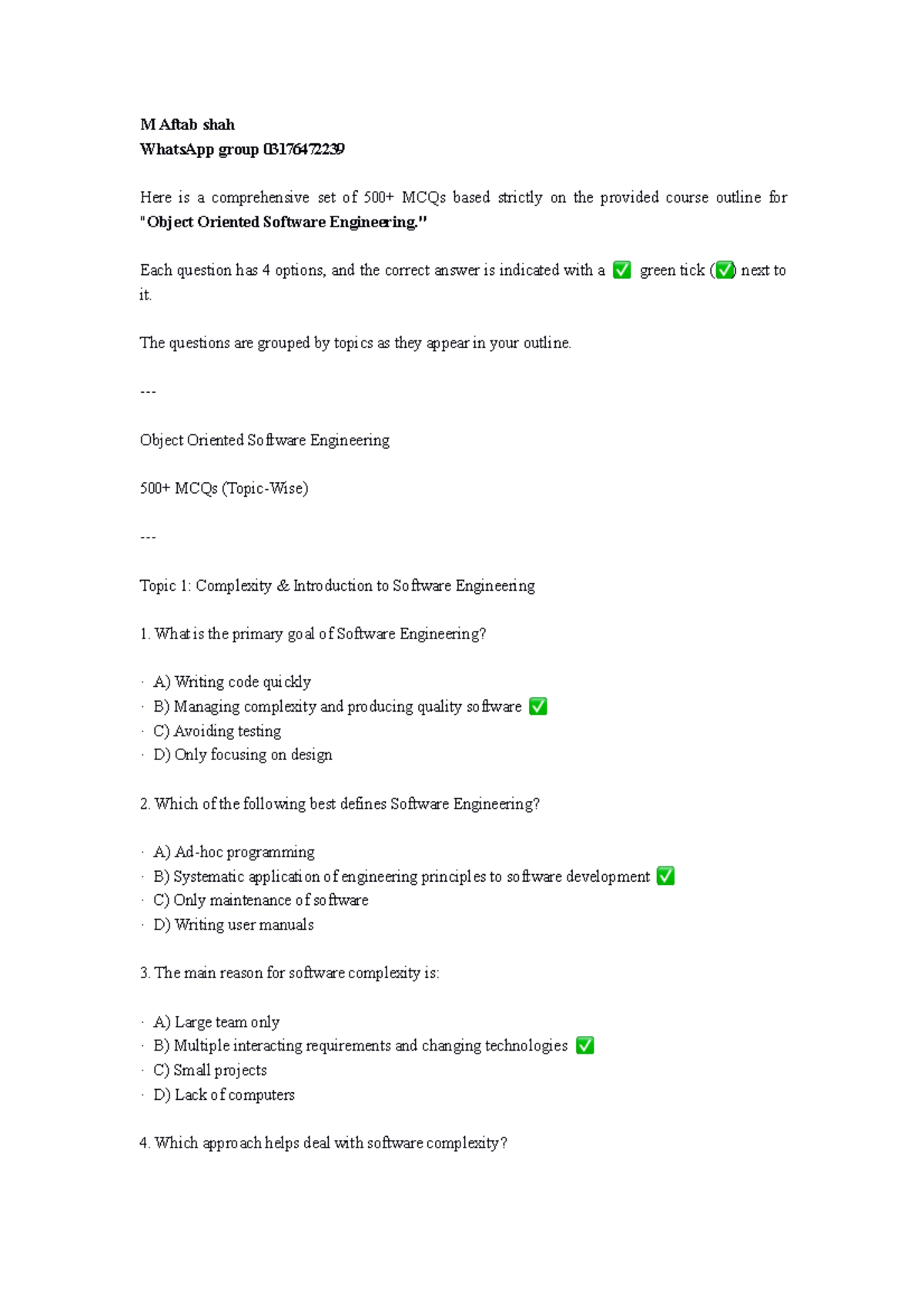 Object Oriented Software Engineering MCQs (BSCS 7th Sem) - Studocu