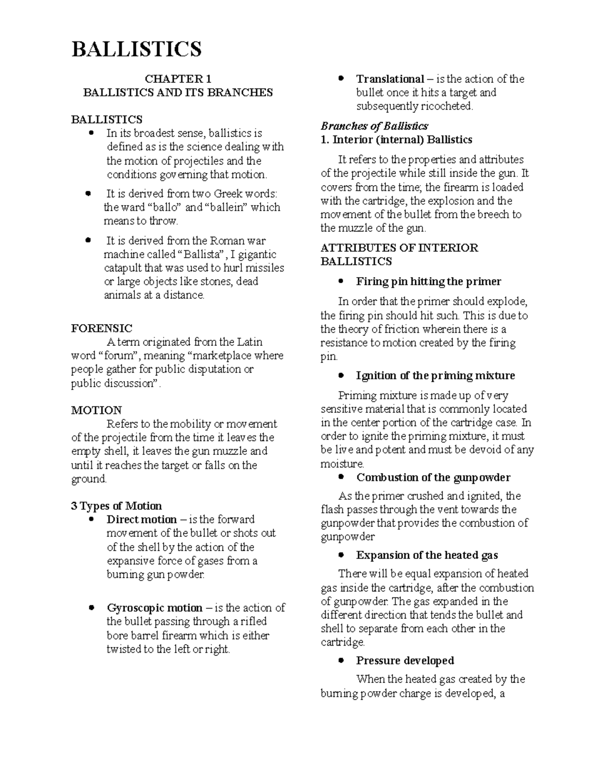 Ballistic Prelims - CHAPTER 1 BALLISTICS AND ITS BRANCHES BALLISTICS In ...