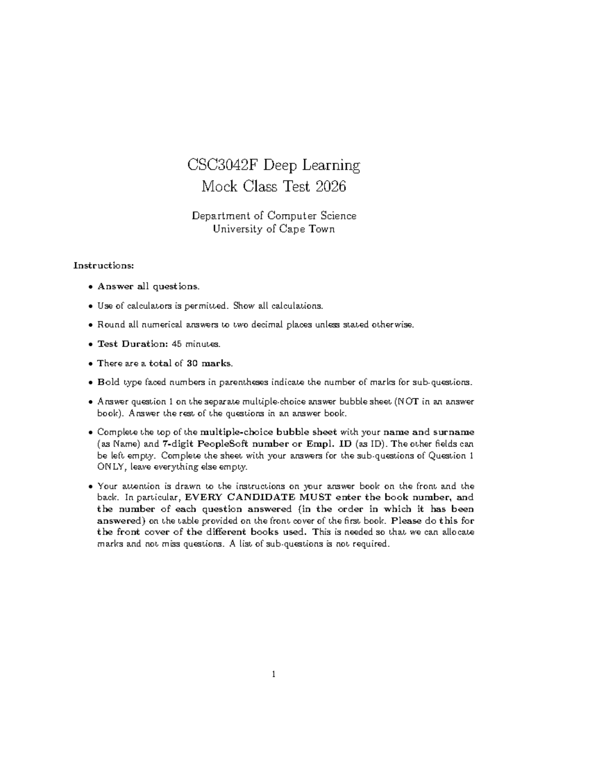 CSC3042F Deep Learning 2026 Mock Class Test Instructions and Questions ...