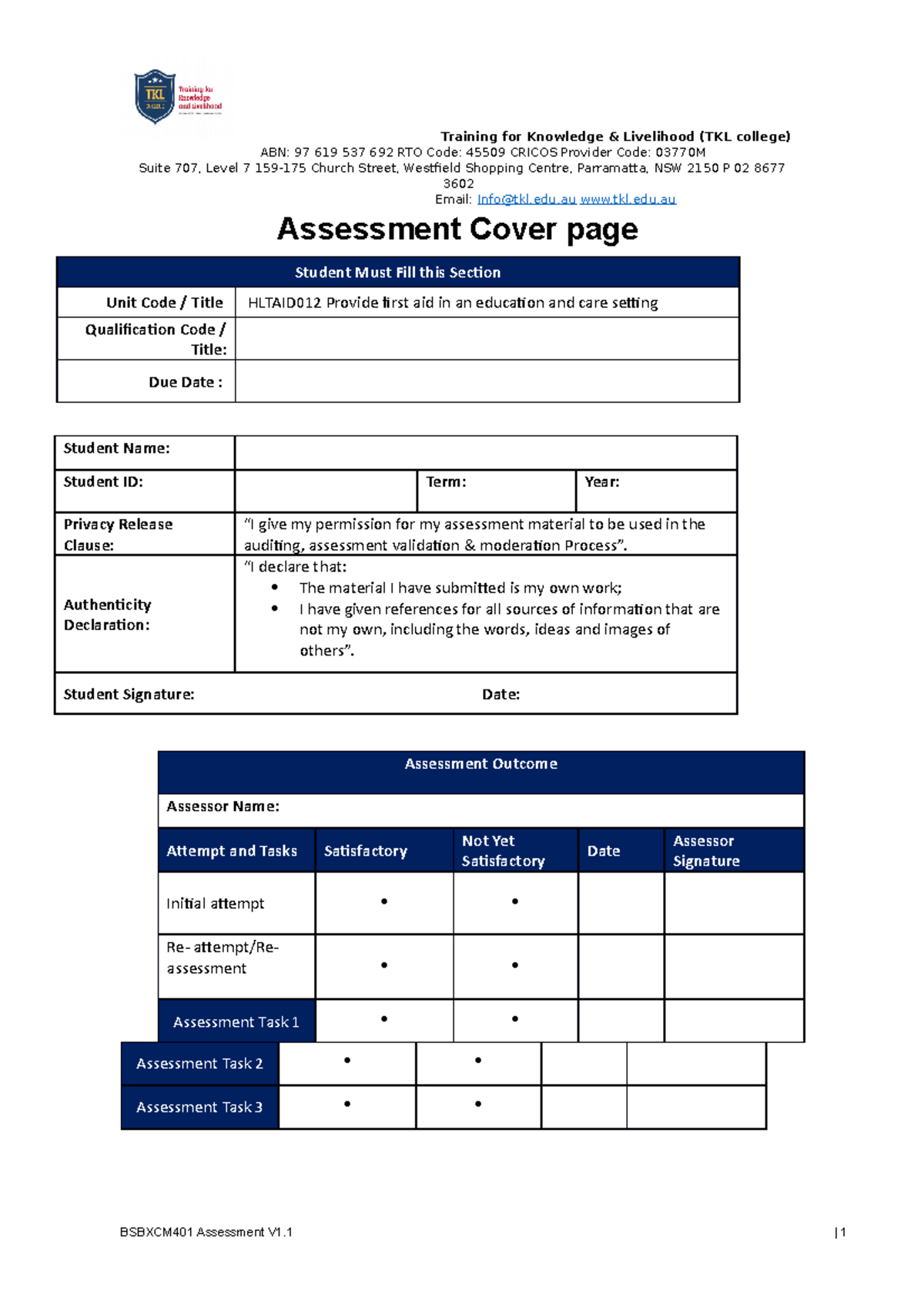 HLTAID012 Final Assessment Tasks for First Aid in Care Settings - Studocu