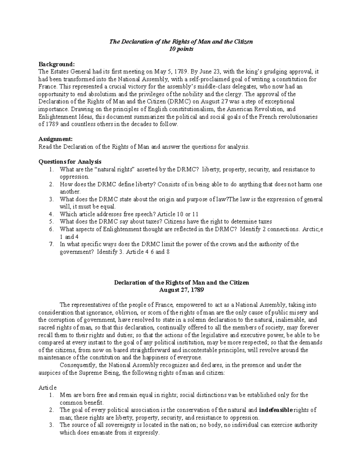 Declaration of the Rights of Man and Citizen: Analysis Questions and ...