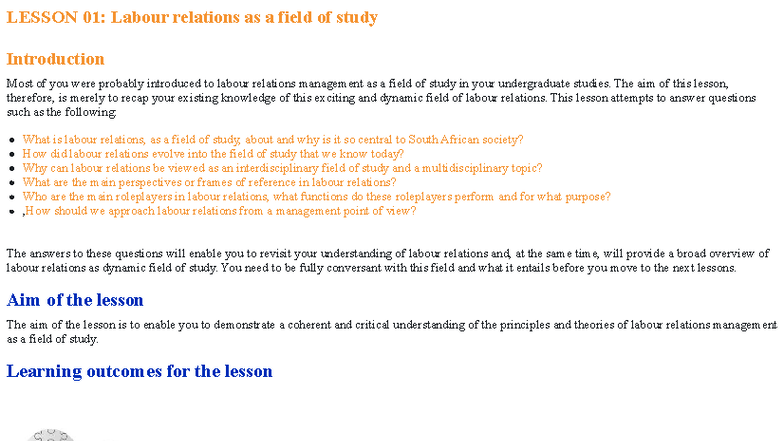 Lesson 01 - Labour Relations Overview and Key Concepts - Studocu