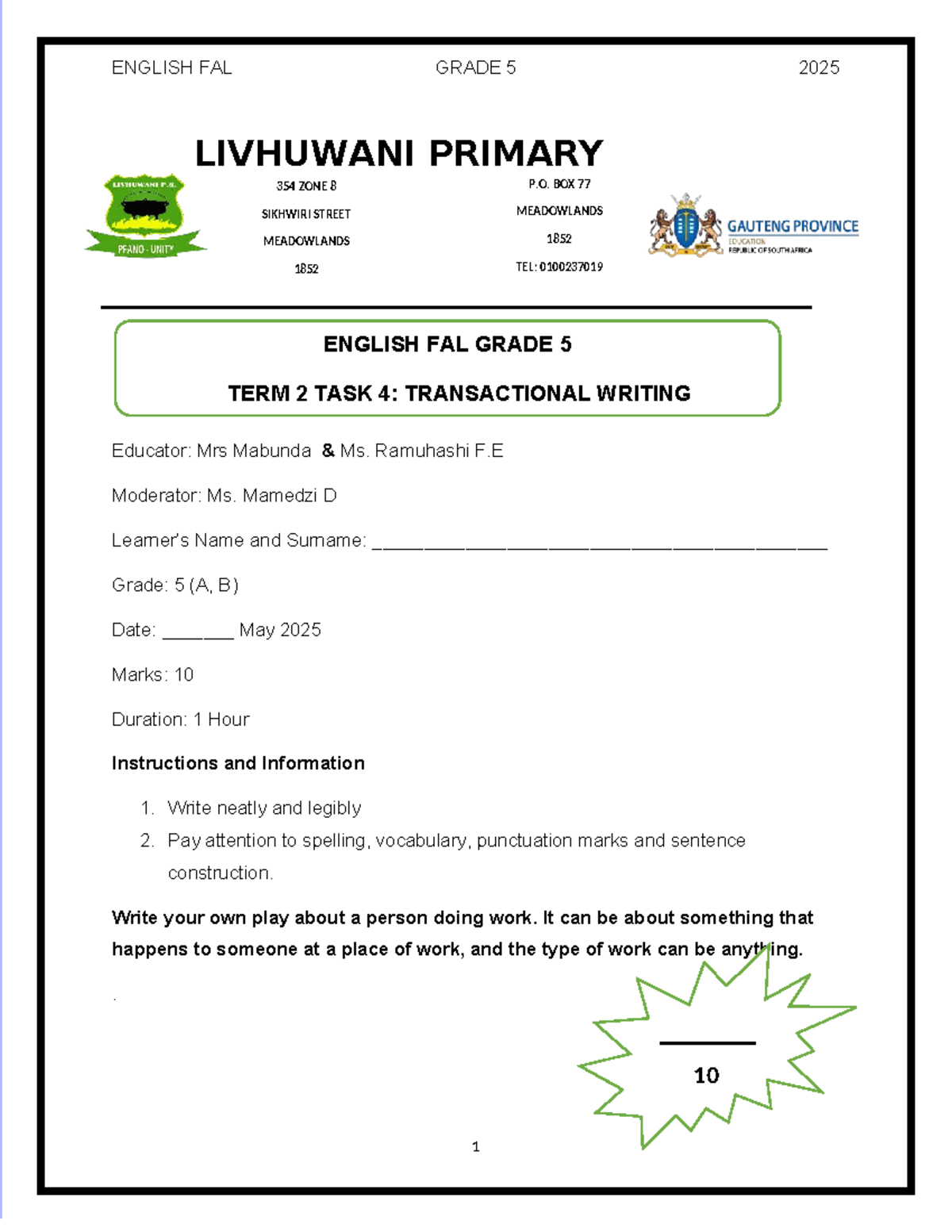 ENGLISH FAL GRADE 5 TERM 2 TASK 4: TRANSACTIONAL WRITING - Studocu