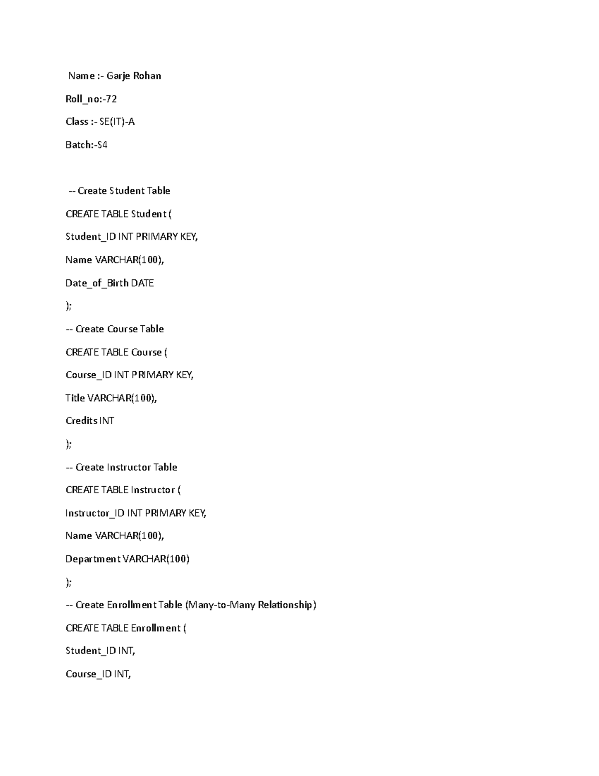 DBMS 9 - Student, Course, and Instructor Table Creation & Queries - Studocu