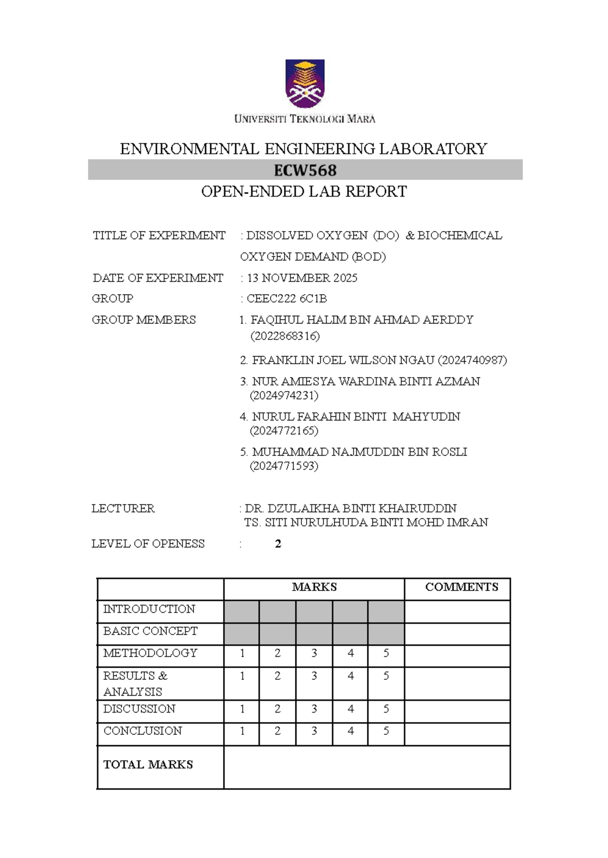 Dissolved Oxygen (DO) & Biochemical Oxygen Demand (BOD) Lab Report ...
