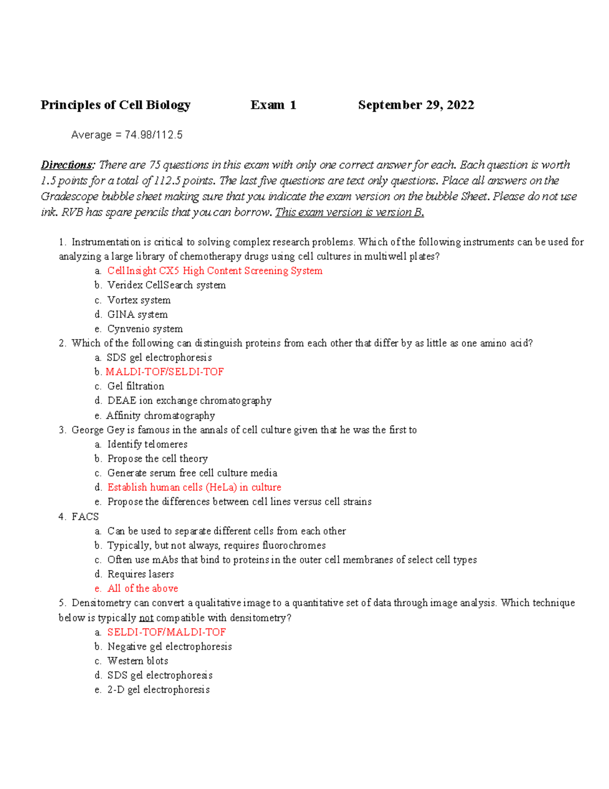 Principles of Cell Biology Exam 1 Key & Avg - Fall 2022 - Studocu
