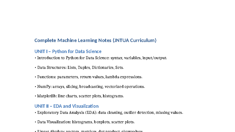 JNTUA Machine Learning Complete Notes: Units I-V Overview - Studocu
