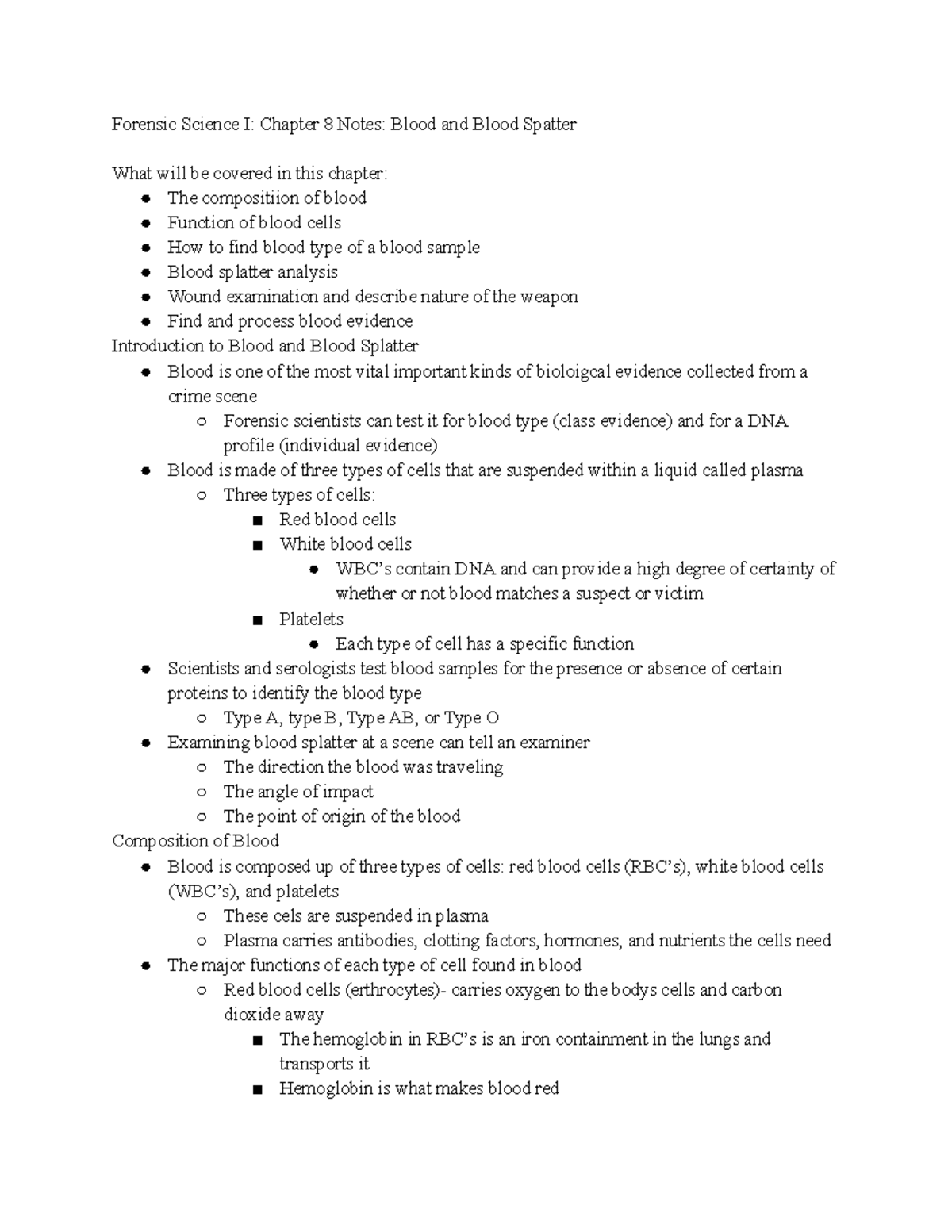 Forensic Science I: Chapter 8 Notes on Blood & Blood Spatter Analysis ...