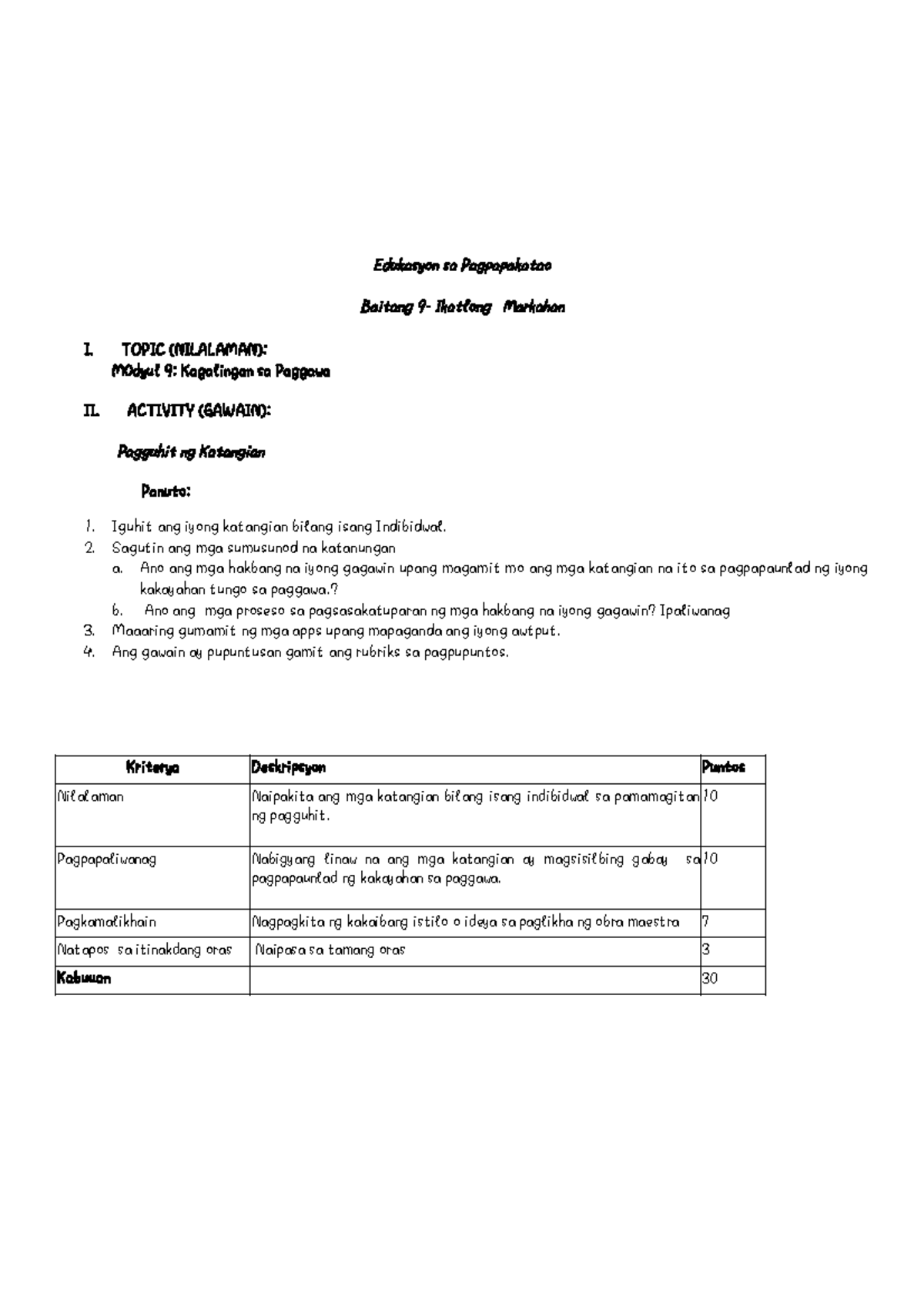 Edukasyon sa Pagpapakatao Baitang 3: Performance Task sa Kagalingan ...