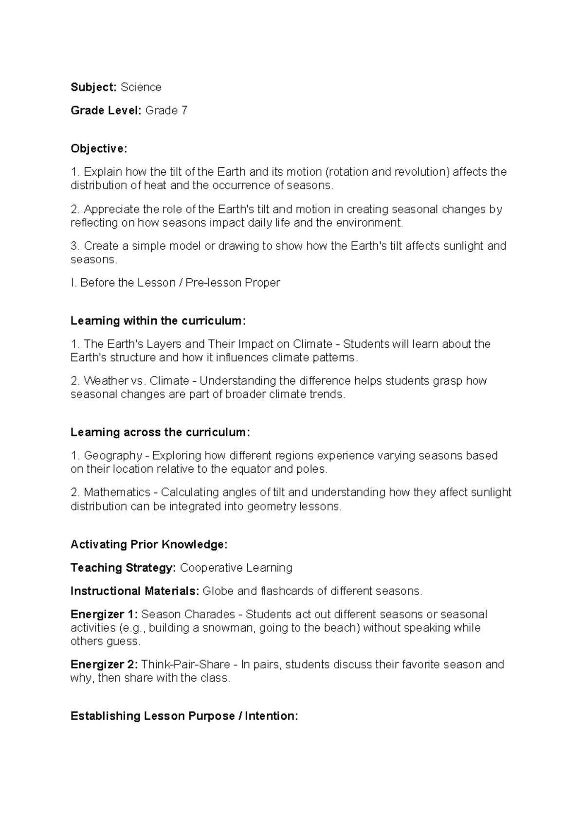 Science Lesson Plan: Understanding Earth's Tilt & Seasons for Grade 7 ...