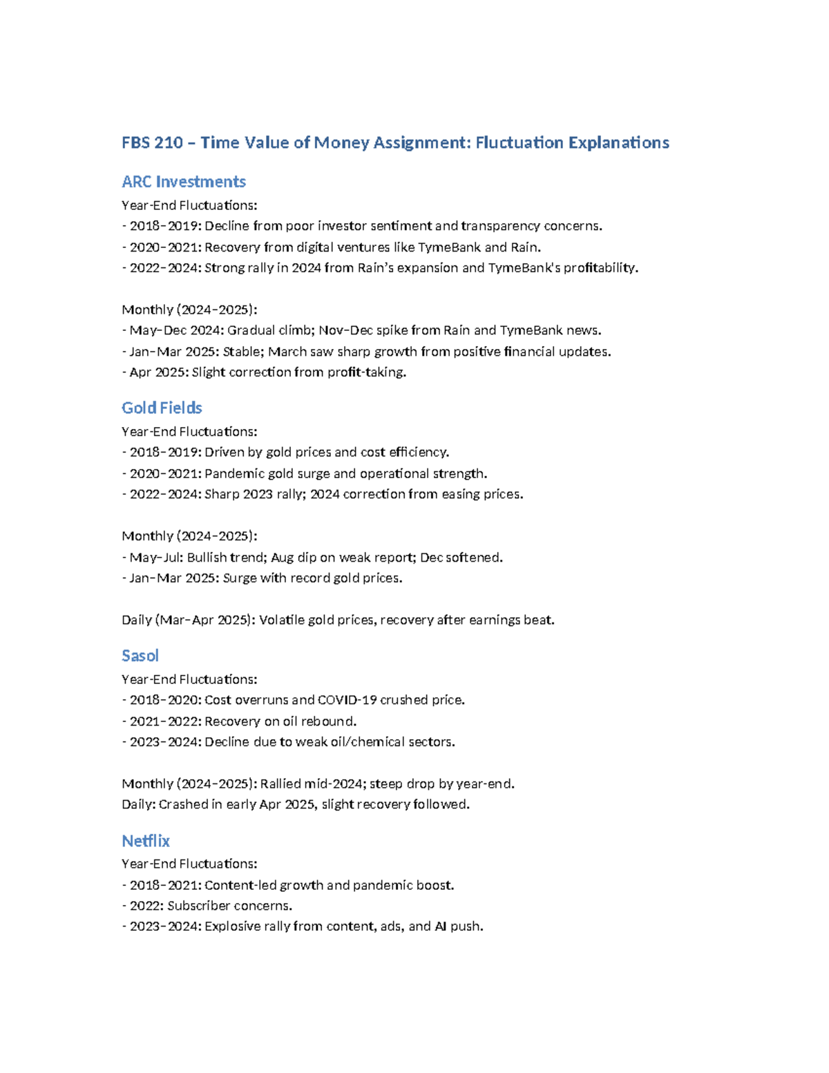 FBS 210 Time Value of Money: Investment Fluctuation Summary - Studocu