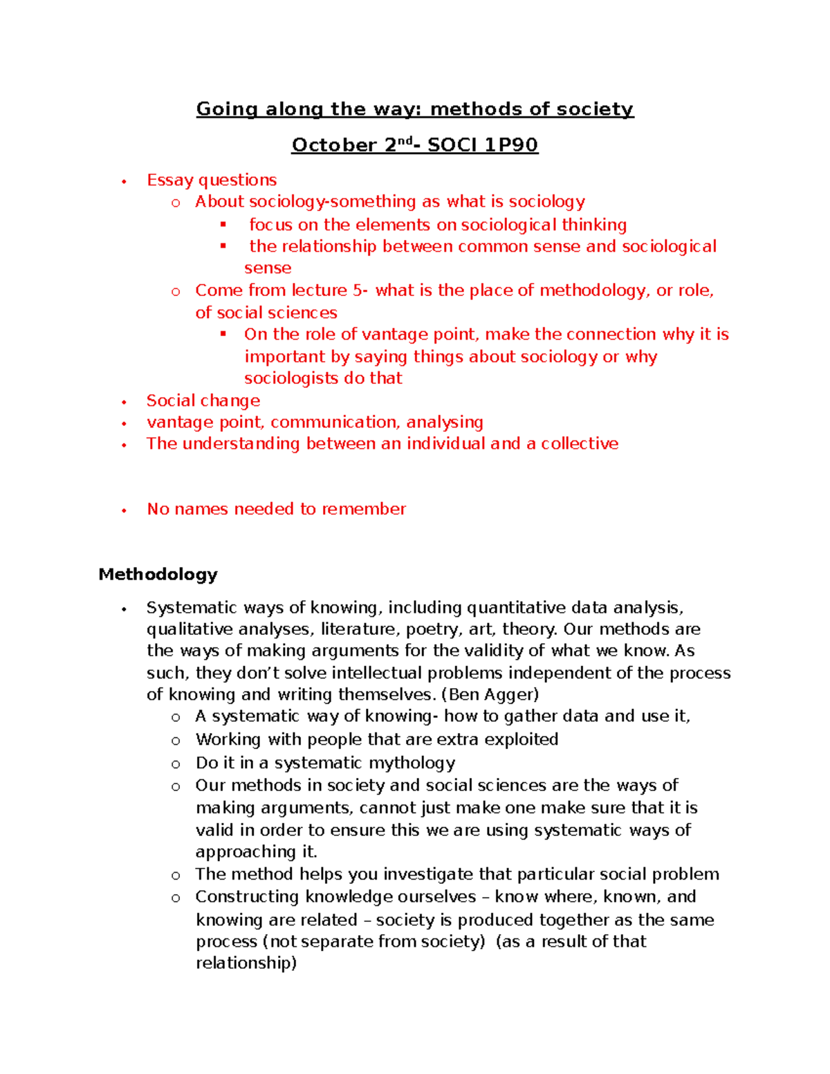 SOCI 1P90: Exploring Methodology and Vantage Points in Sociology - Studocu