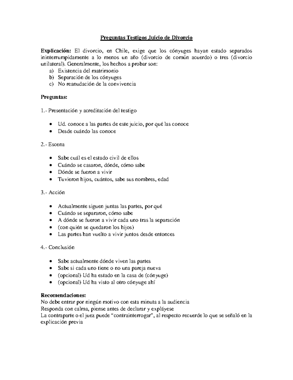 Preguntas para Testigos en Juicio de Divorcio en Chile - Studocu