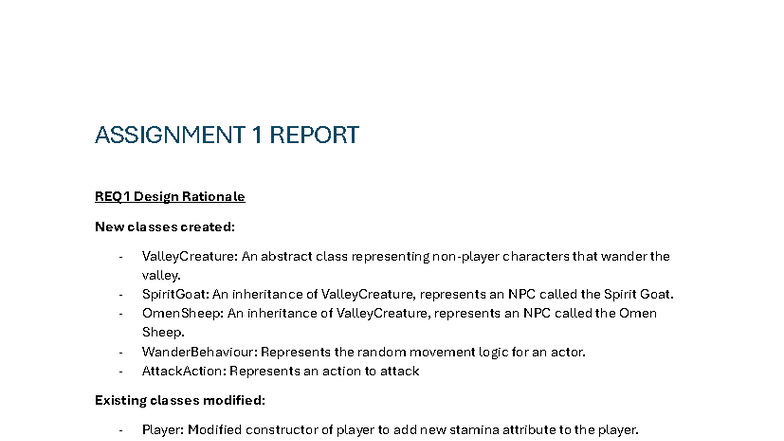 REQ1 Design Rationale: ValleyCreature Class Implementation Report - Studocu