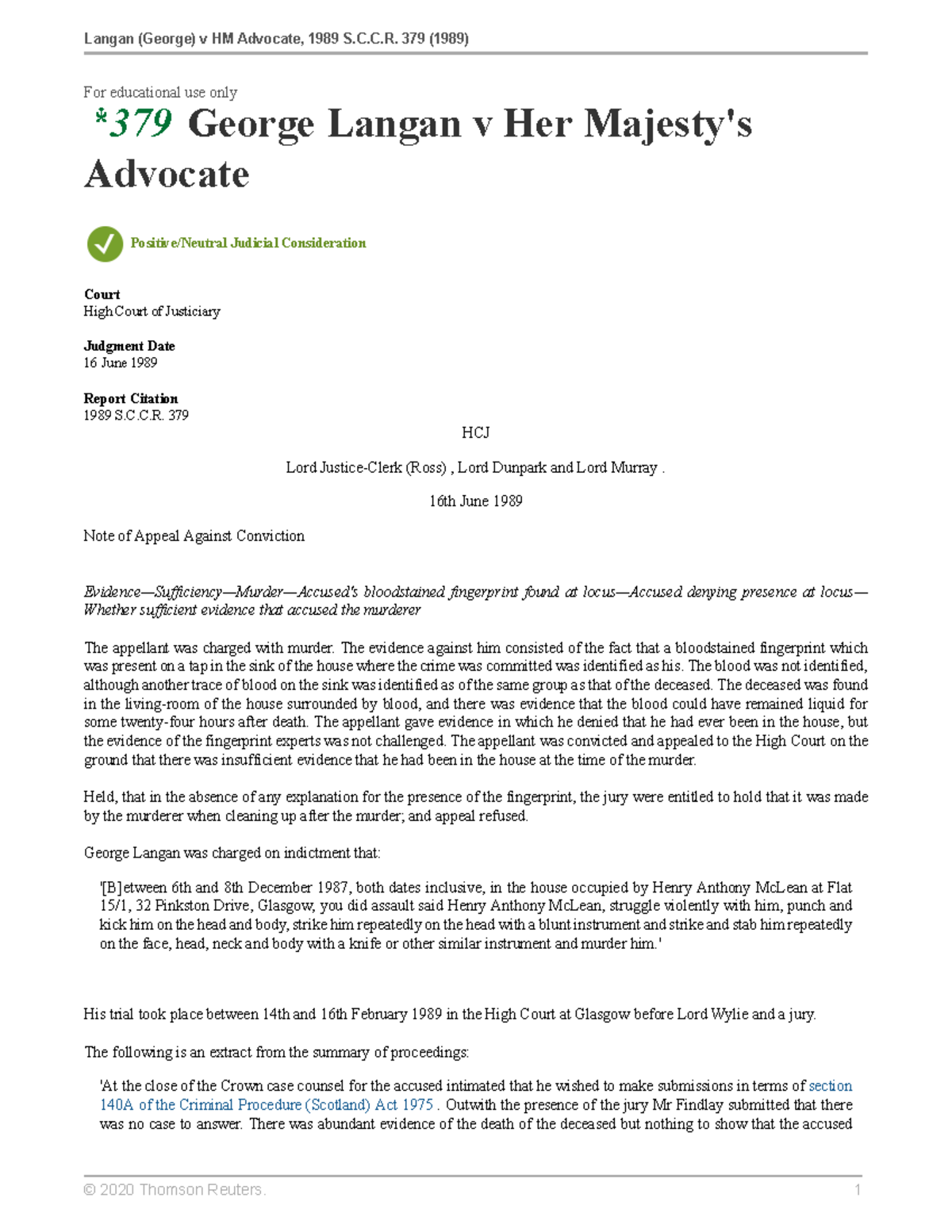 Langan (George) v HM Advocate: High Court Judgment Analysis (1989 ...