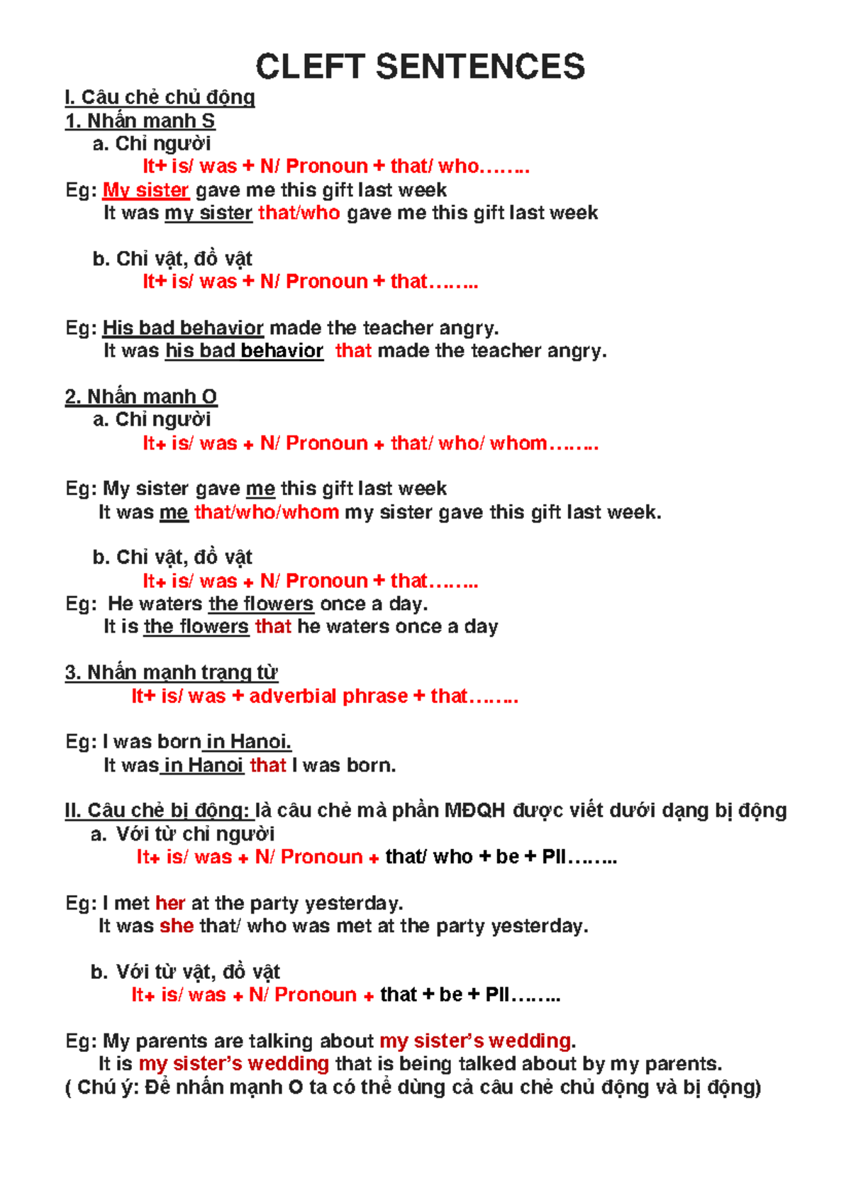 CLEFT SENTENCE EXERCISES: Practice & Rewrite Guidelines - Studocu