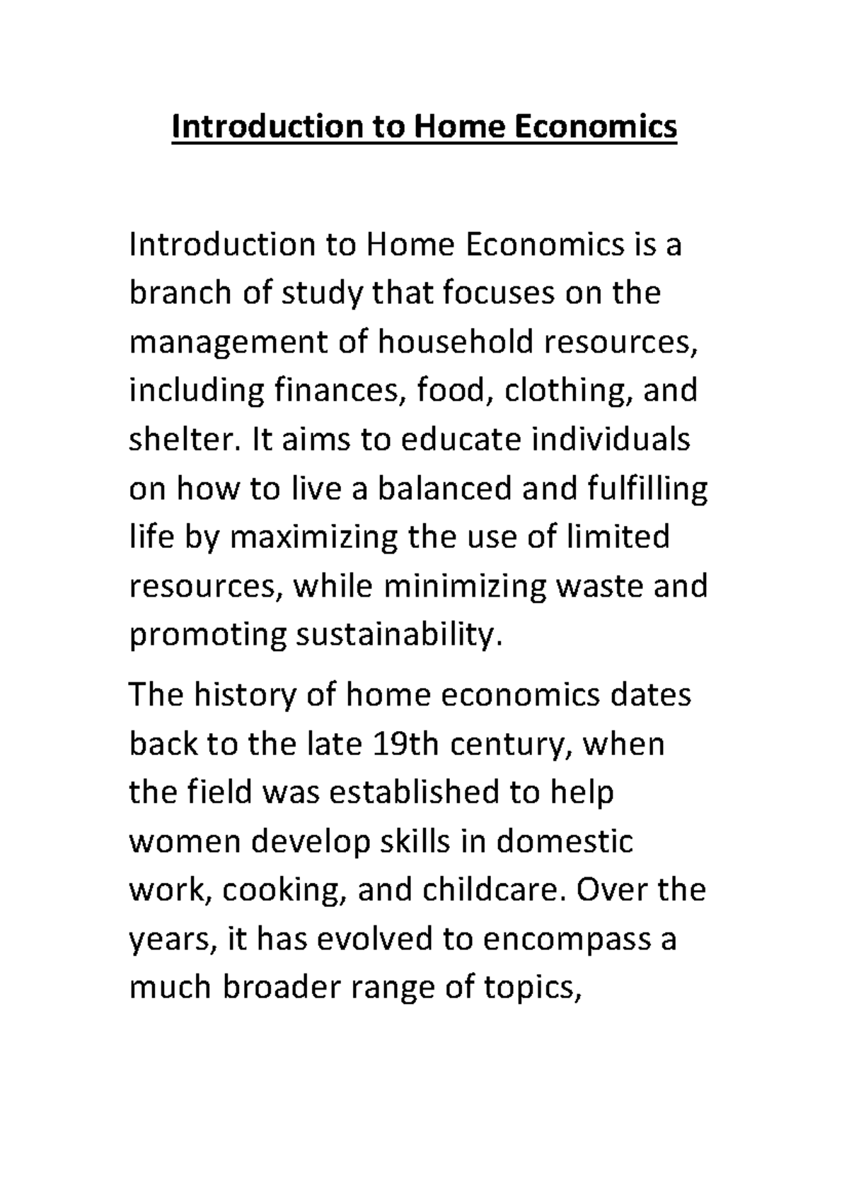 Introduction to Home Economics 1 - Introduction to Home Economics ...