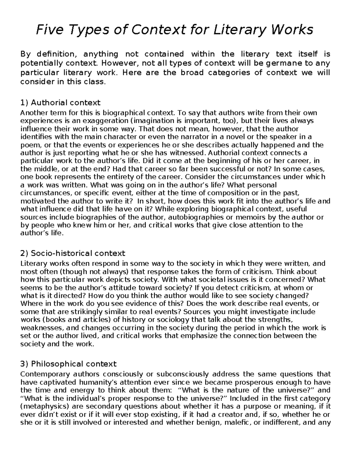 Literary Contexts: Understanding 5 Types for Analysis - Studocu
