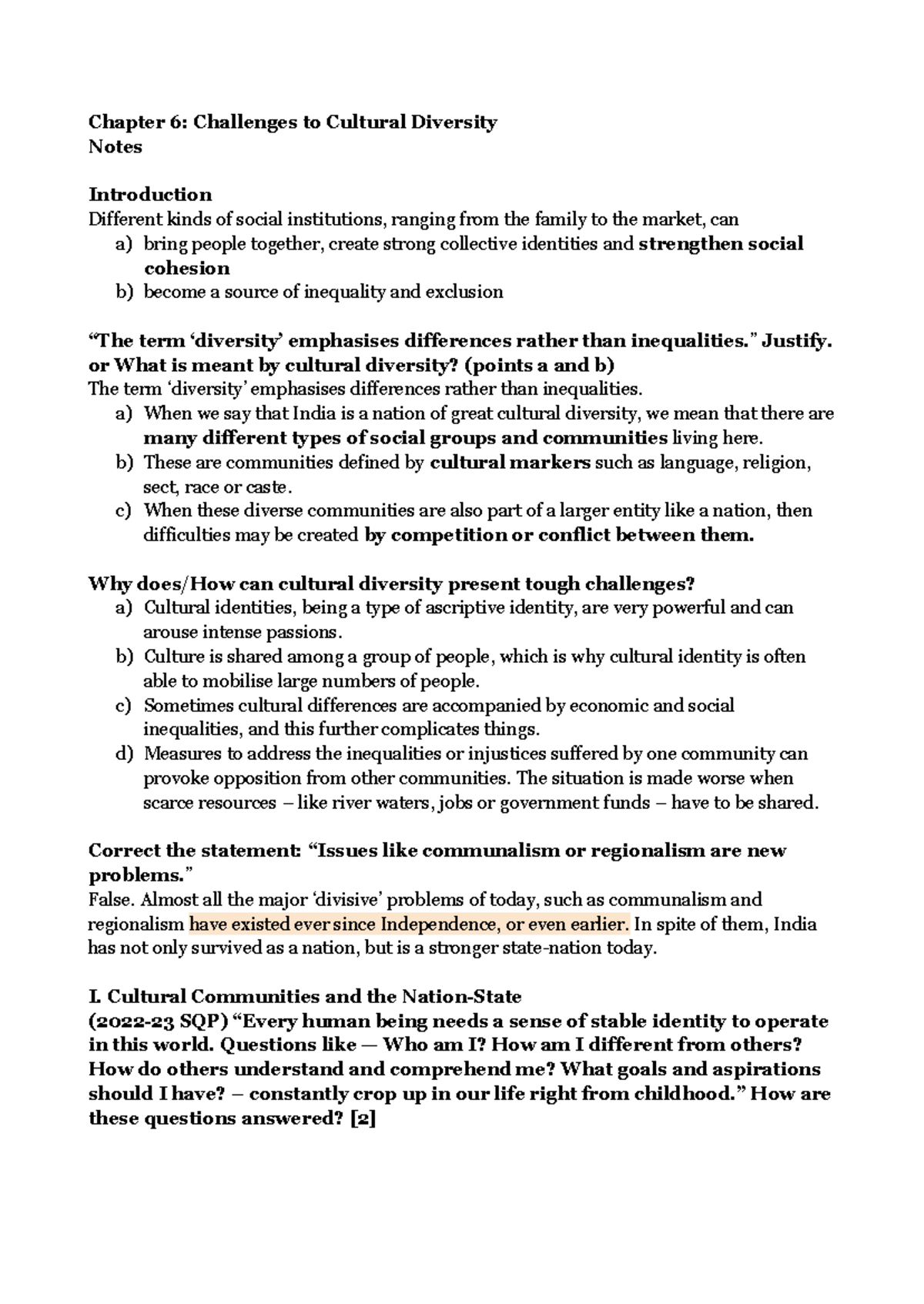 Challenges to Cultural Diversity NOTES - Chapter 6: Challenges to ...
