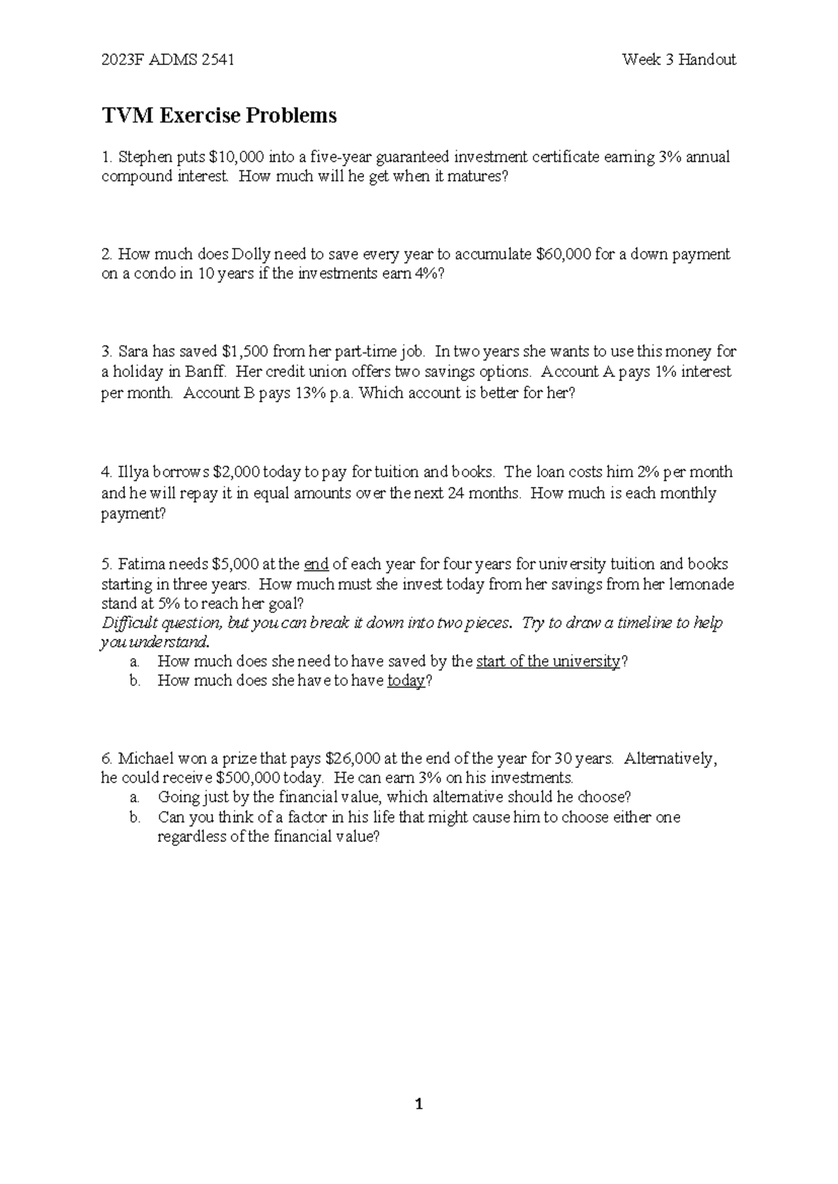 2023F ADMS 2541 Week 3 Practice Worksheet on TVM Exercises - Studocu