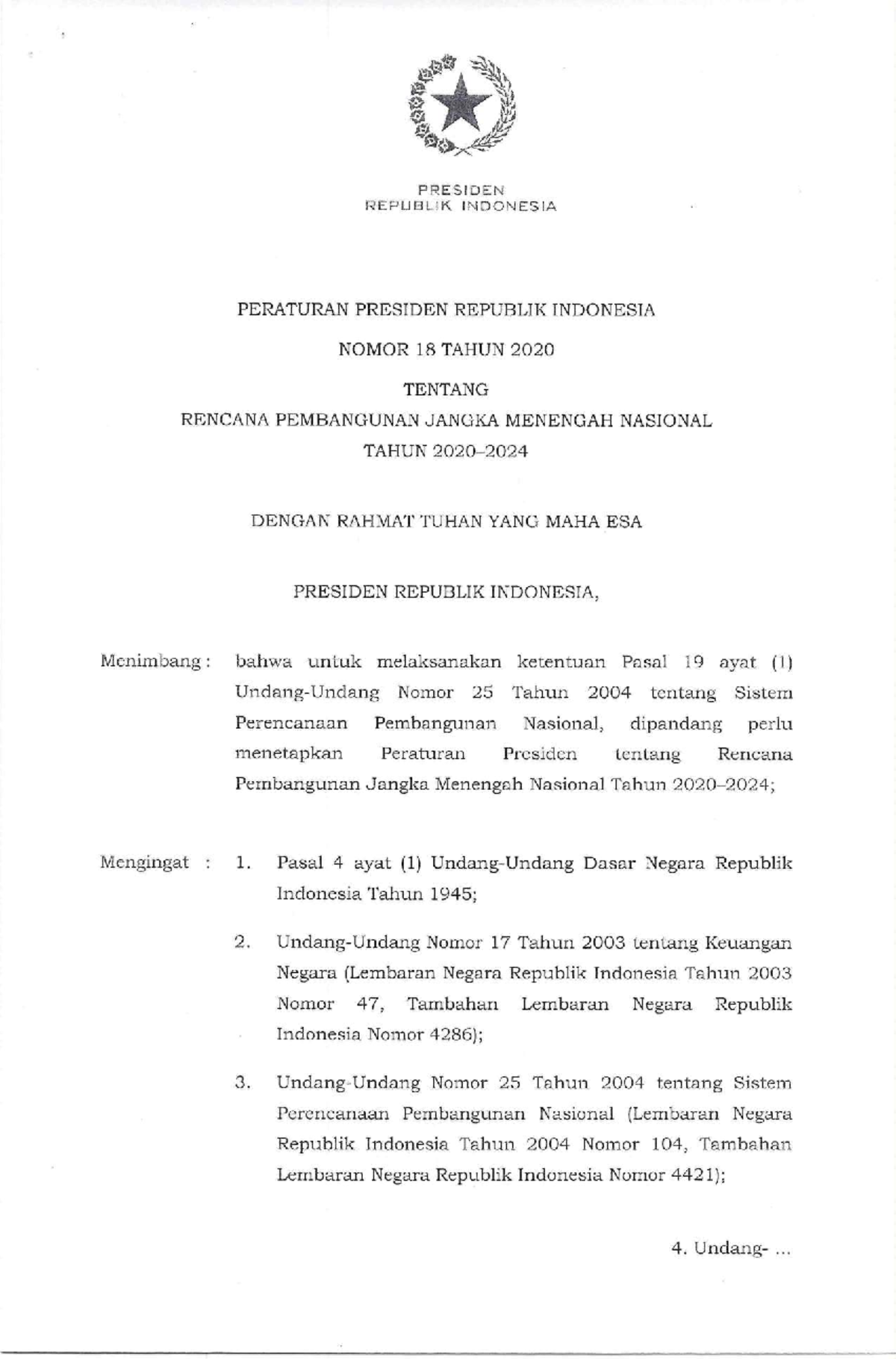 Perpres No. 18 Tahun 2020: Rencana Pembangunan Jangka Menengah Nasional ...