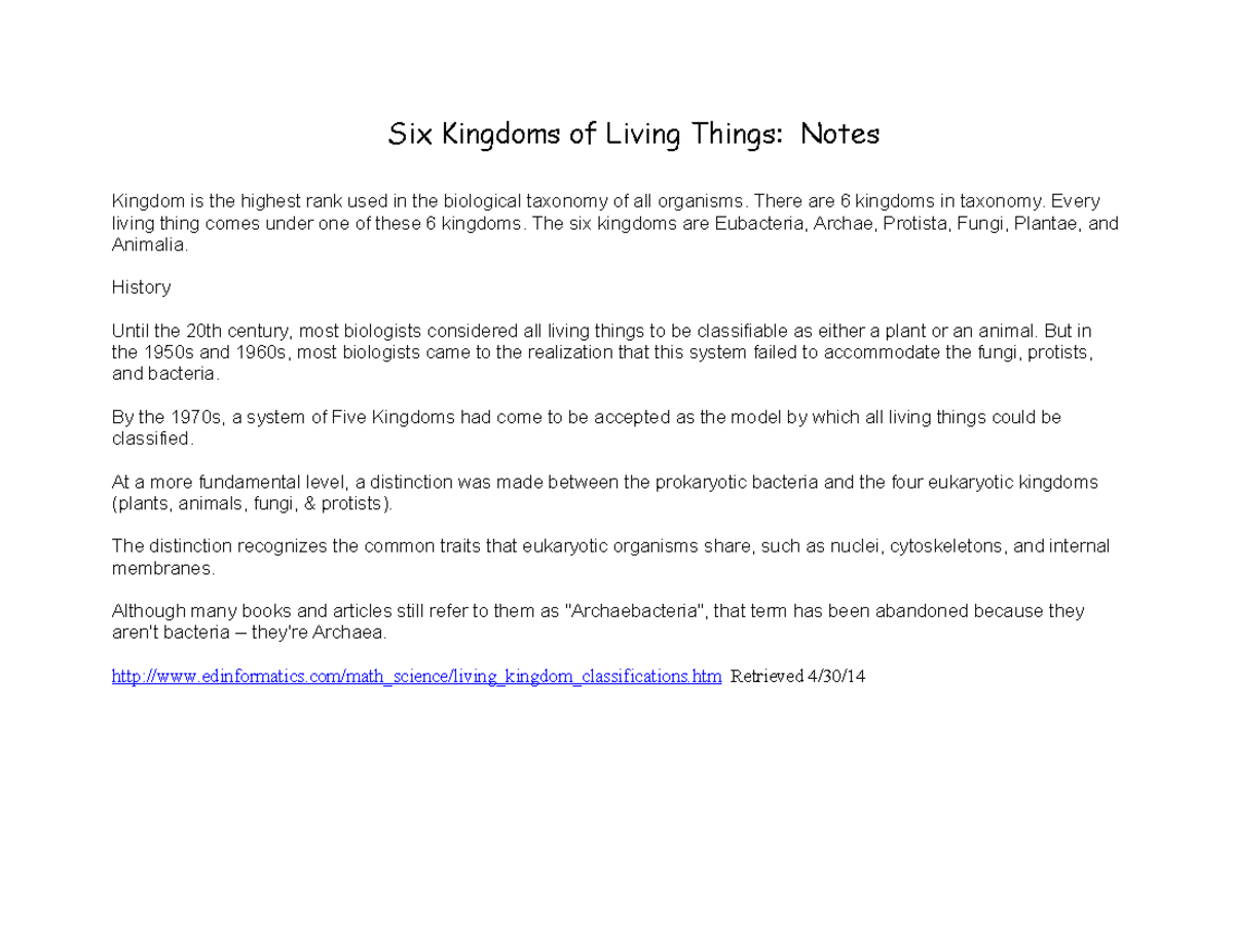 Six Kingdoms of Living Things: Teacher Notes - Studocu