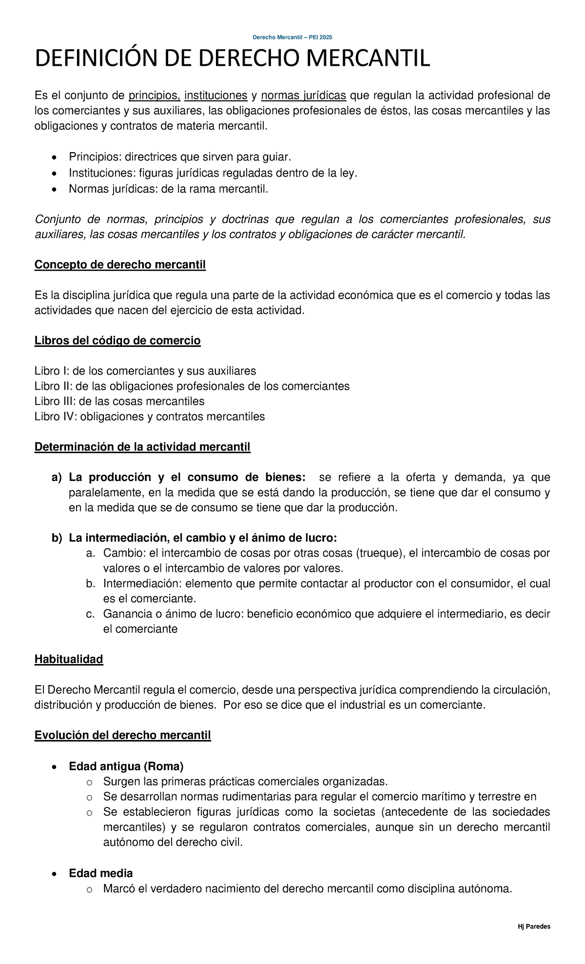 Apuntes de Derecho Mercantil PEI 2025: Definiciones y Principios - Studocu
