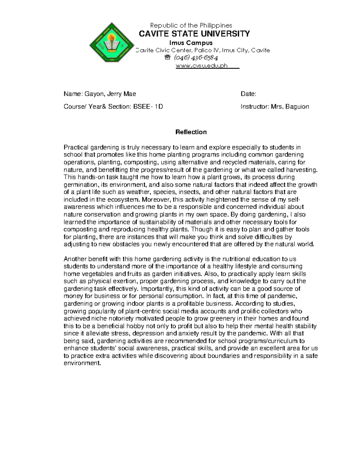 NSTP 1- Reflection on Practical Gardening and Its Benefits - Studocu