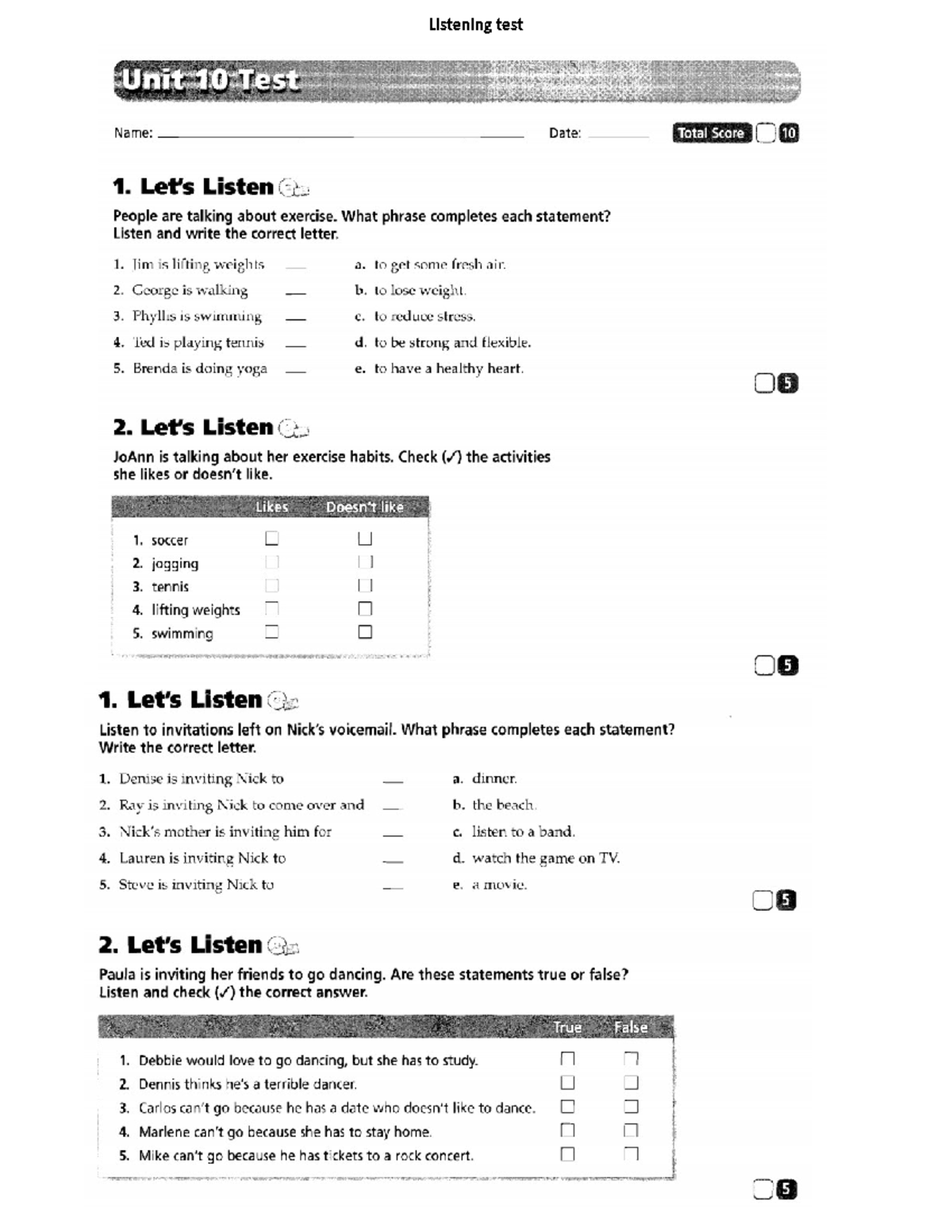 Listening Test Unit 10: Exercise and Invitations - Studocu
