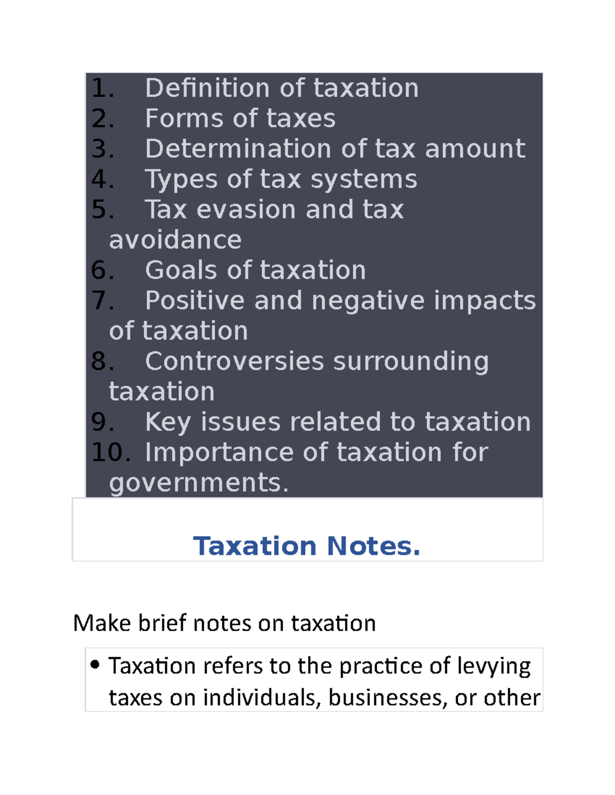 Taxation: Key Concepts and Notes on Tax Systems and Policy - Studocu