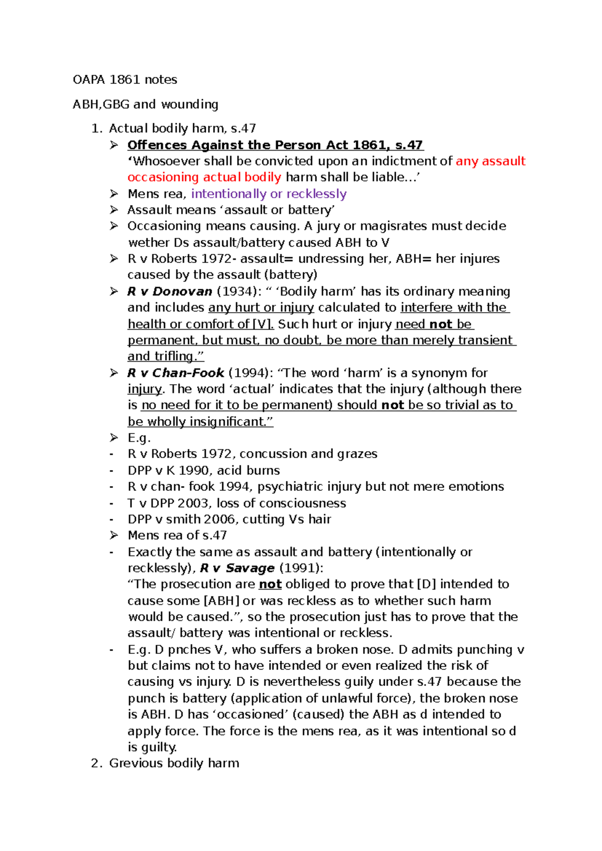OAPA 1861 Notes: ABH, GBH & Wounding Explained for Law Students - Studocu