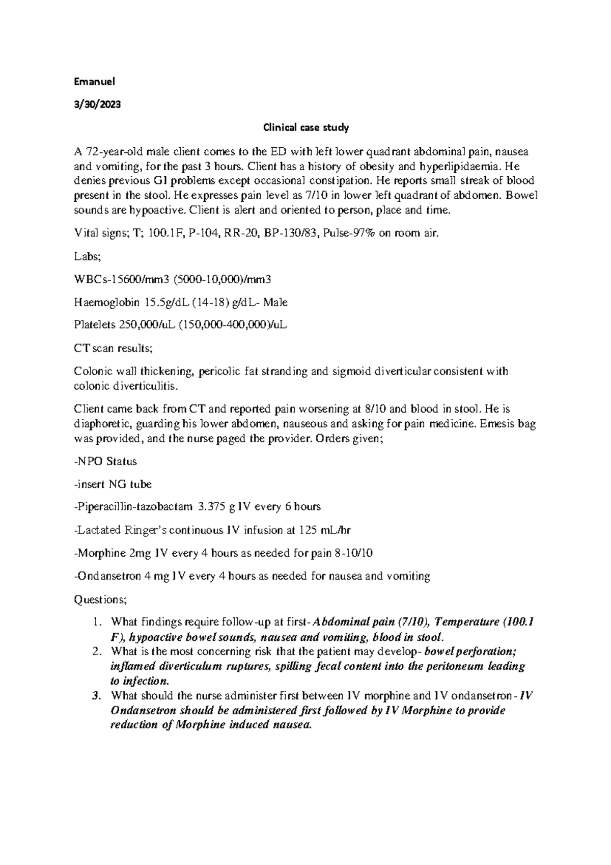 Case study - ......... - Emanuel 3/30/ Clinical case study A 72-year-old male client comes to ...