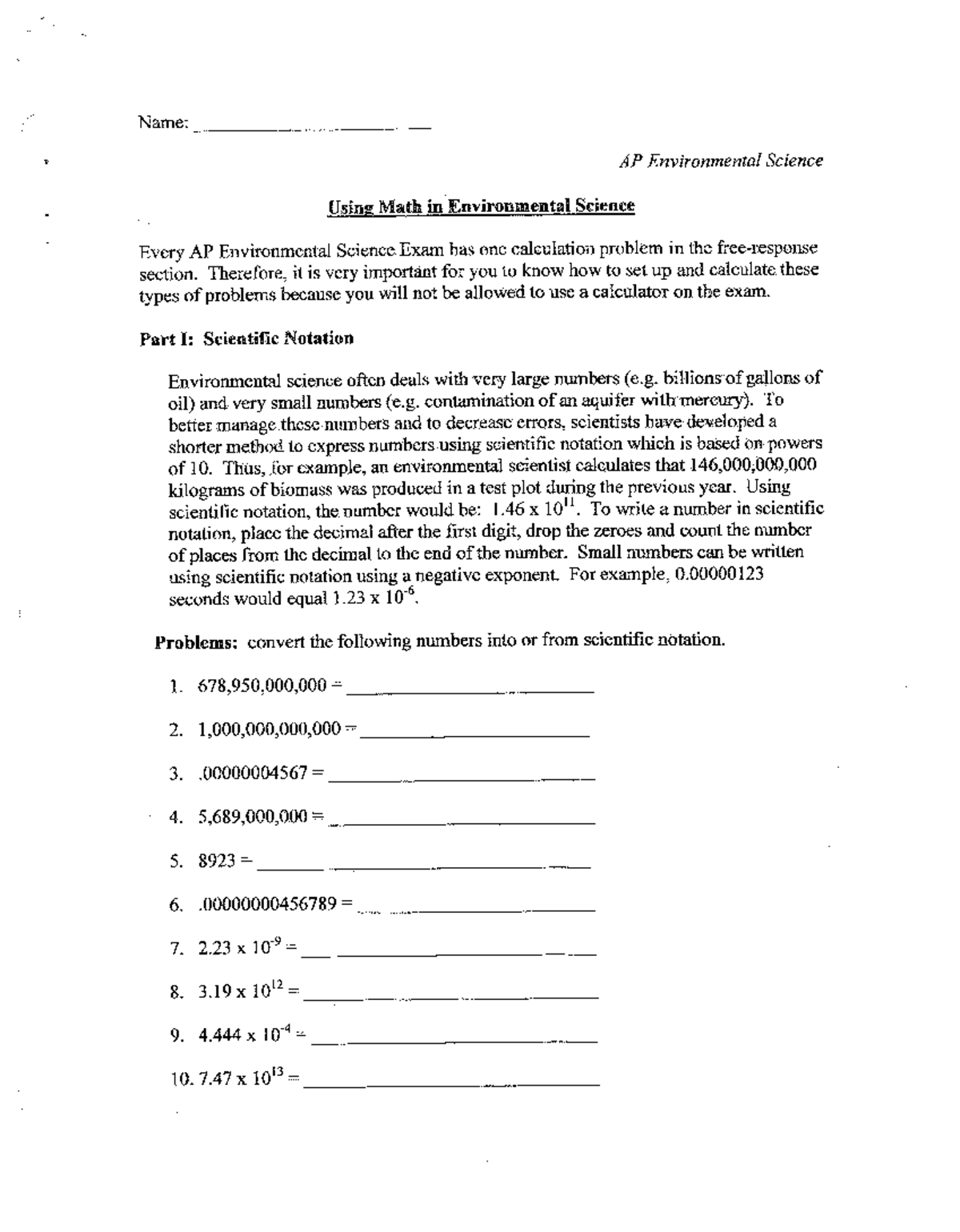 AP Environmental Science: Math Applications in Environmental Science ...