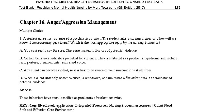 PSYCHIATRIC MENTAL HEALTH NURSING 9TH EDITION TOWNSEND TEST BANK ...
