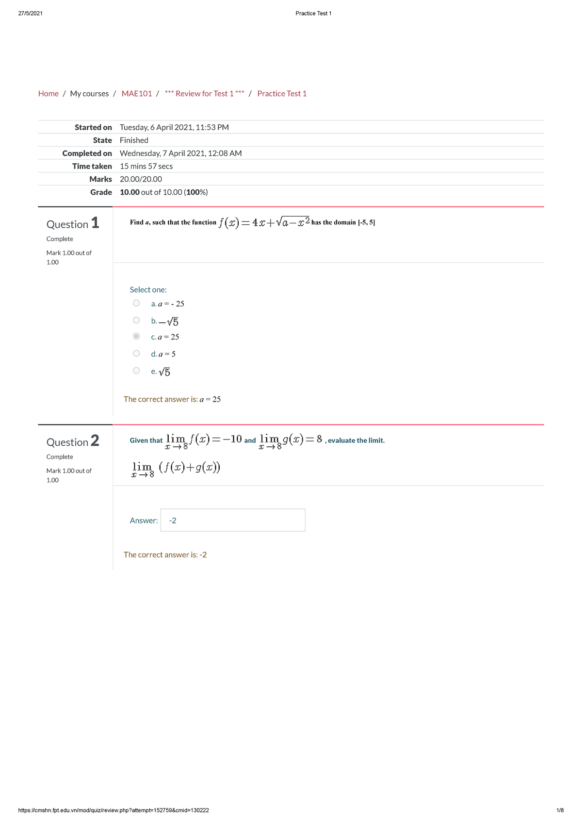 Practice Test 1 - Progress test 1 - Home / My courses / MAE101 ...