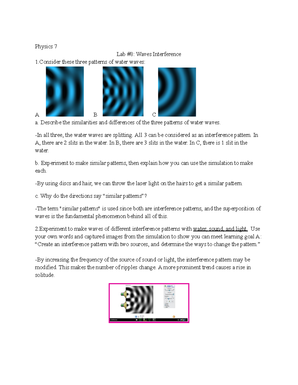 Physics 7 Lab #8 Waves Interference - Physics 7 Lab #8: Waves ...