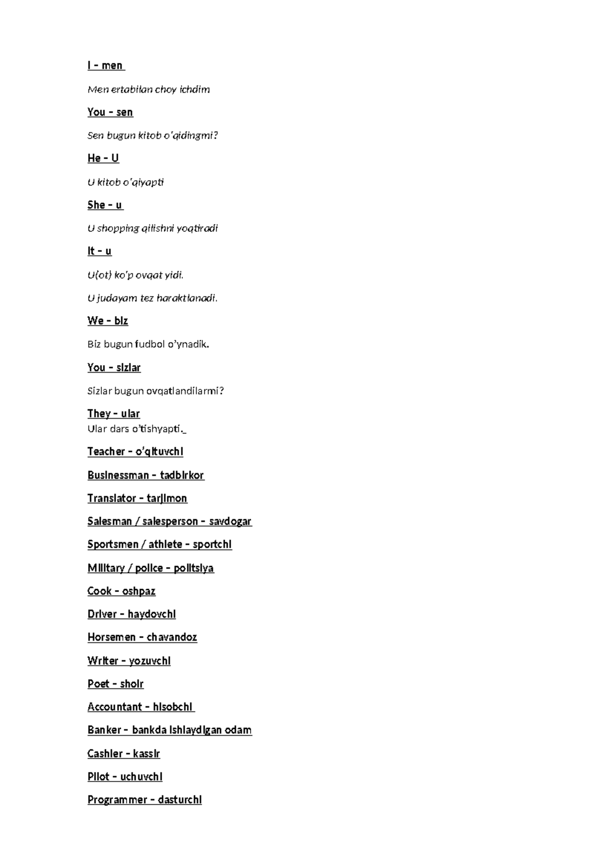 Beginner 1st Lesson: Basic Uzbek Grammar and Vocabulary - Studocu