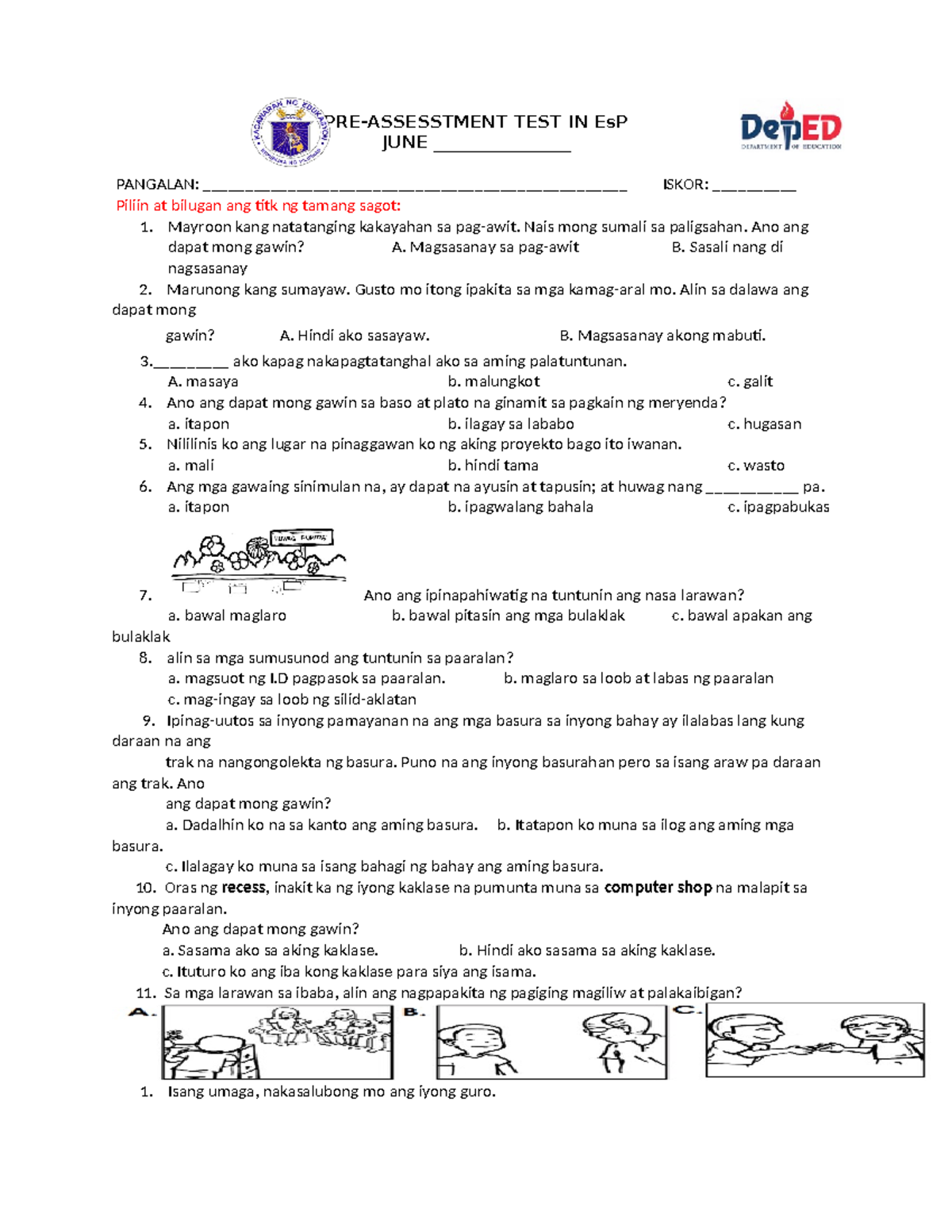 Pre-Test in EsP 2: Assessment Questions and Answers - Studocu