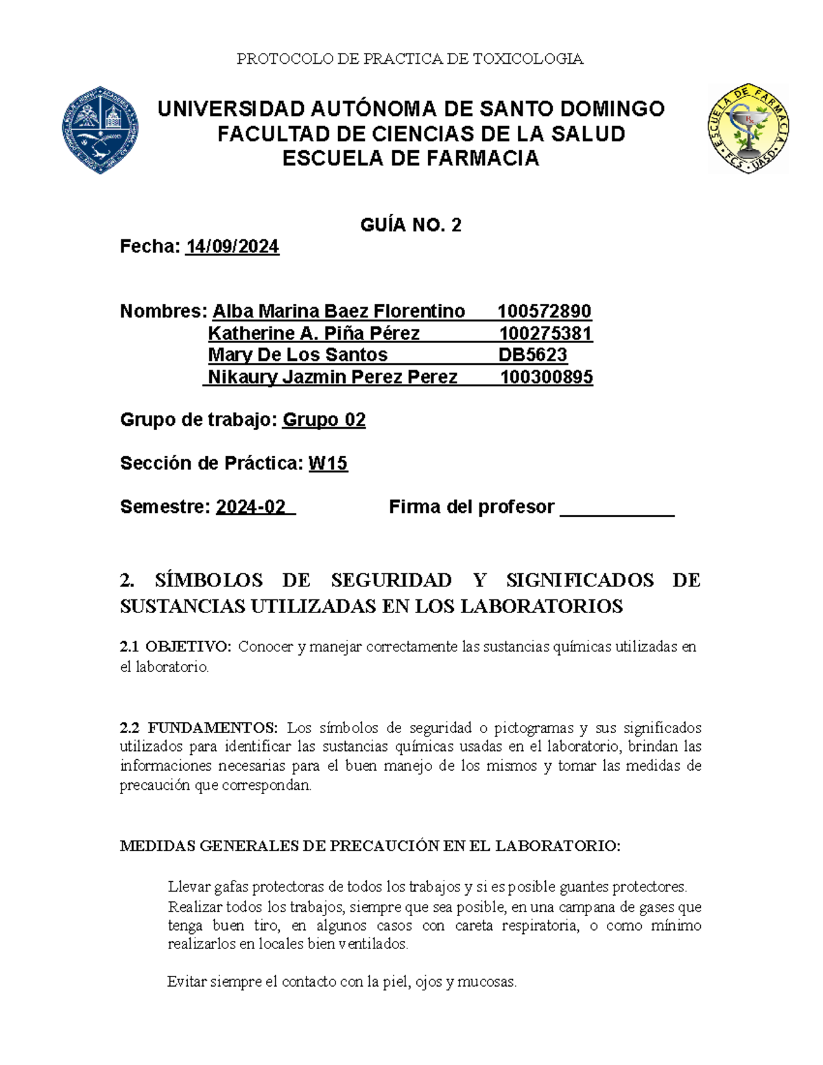 Guía No. 2: Símbolos de Seguridad y Sustancias en Laboratorios (Grupo ...
