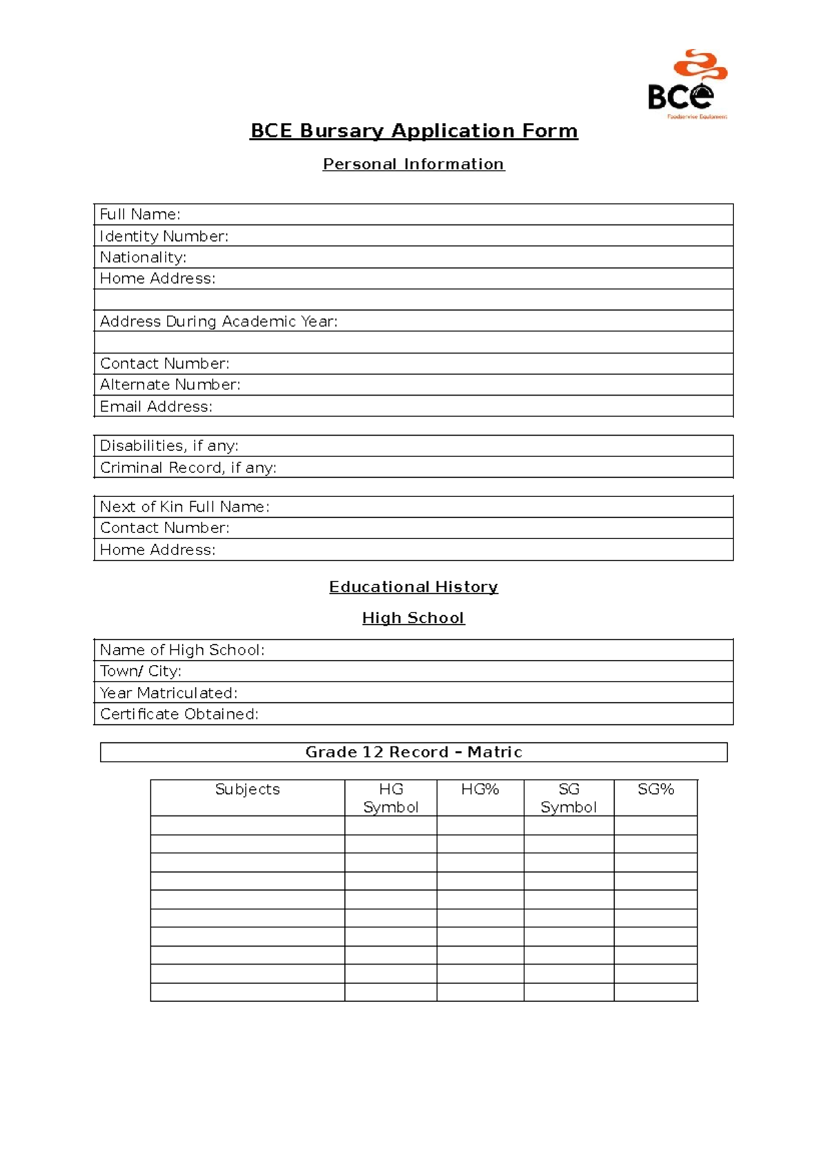 BCE Bursary Application Form 2025: Personal & Educational Info - Studocu