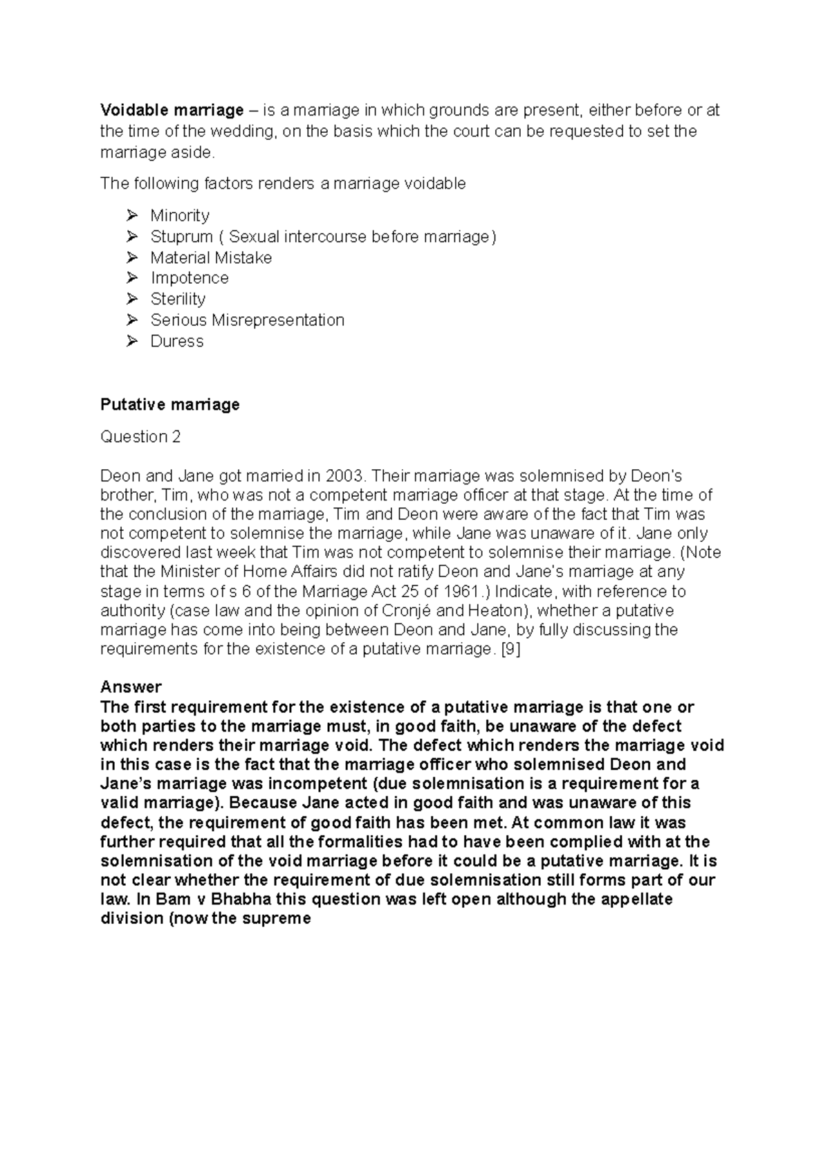 Voidable Marriage Study: Analysis of Putative Marriage Cases - Studocu