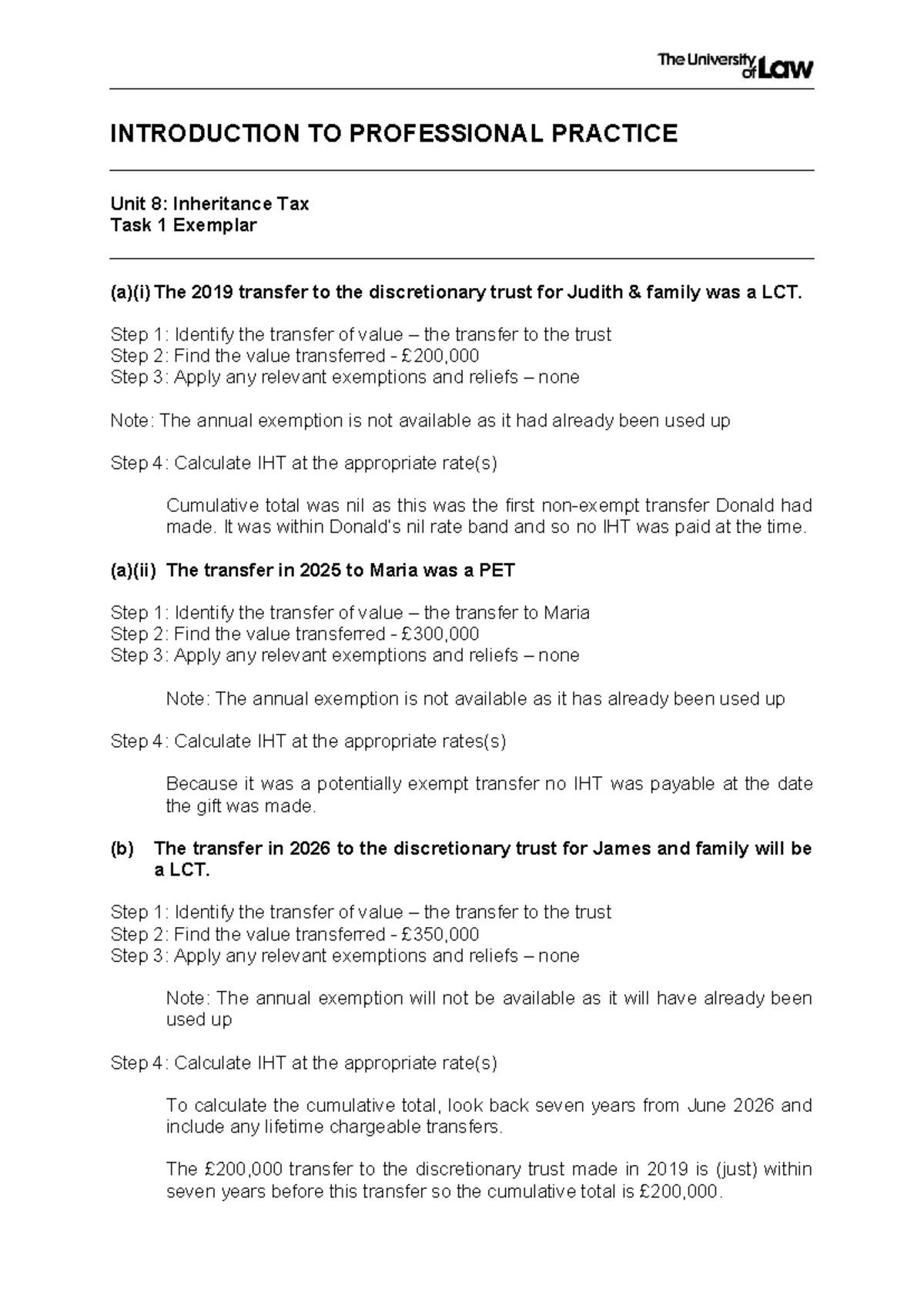 INTRODUCTION TO PROFESSIONAL PRACTICE Unit 8: Inheritance Tax Task 1 ...