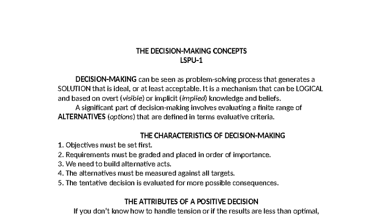 Decision Making Concepts and Techniques, LSPU 1 - Studocu