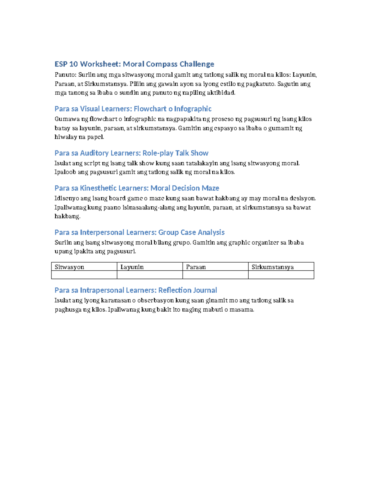 ESP10 Worksheet: Moral Compass Challenge Activities - Studocu