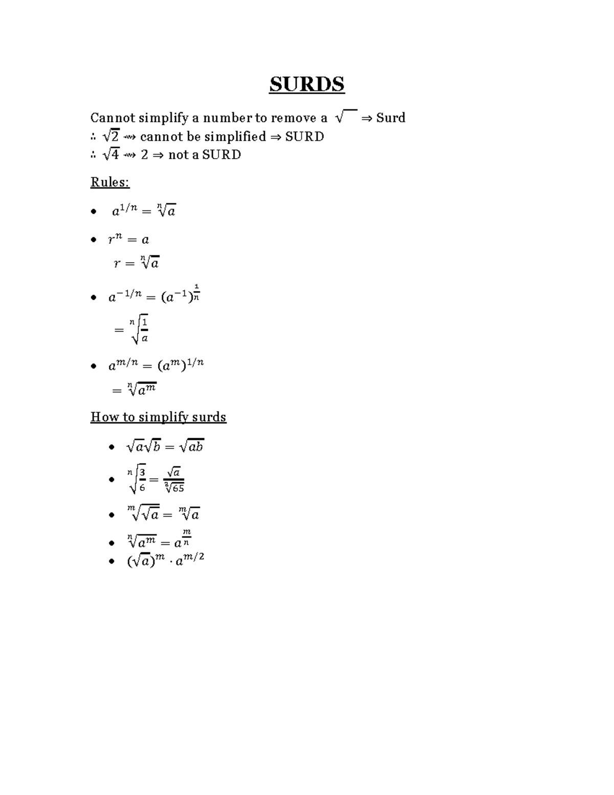 Surds Simplification Guide: Rules and Exercises (MATH101) - Studocu