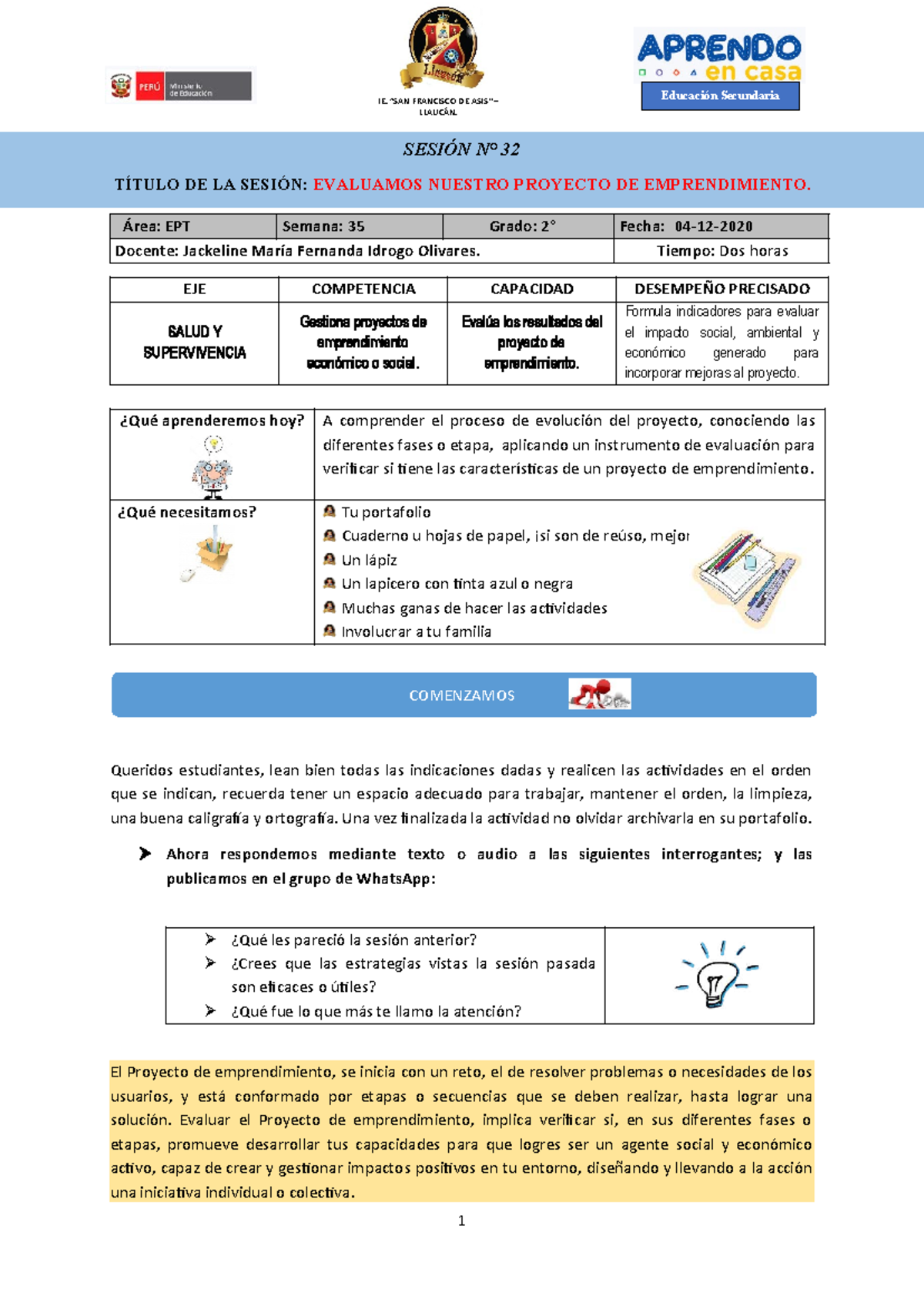 IE. FRANCISCO DE LLAUCÁN - Sesión 32: Evaluación del Proyecto de ...
