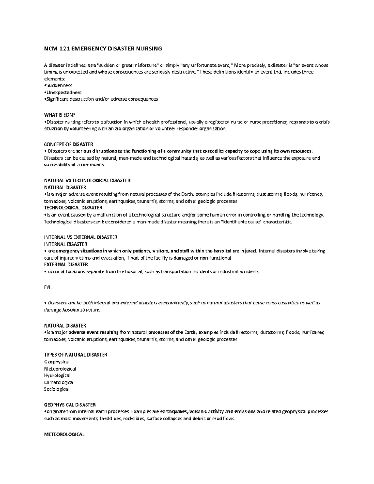 NCM 121 Emergency Disaster Nursing: Key Concepts and Notes - Studocu