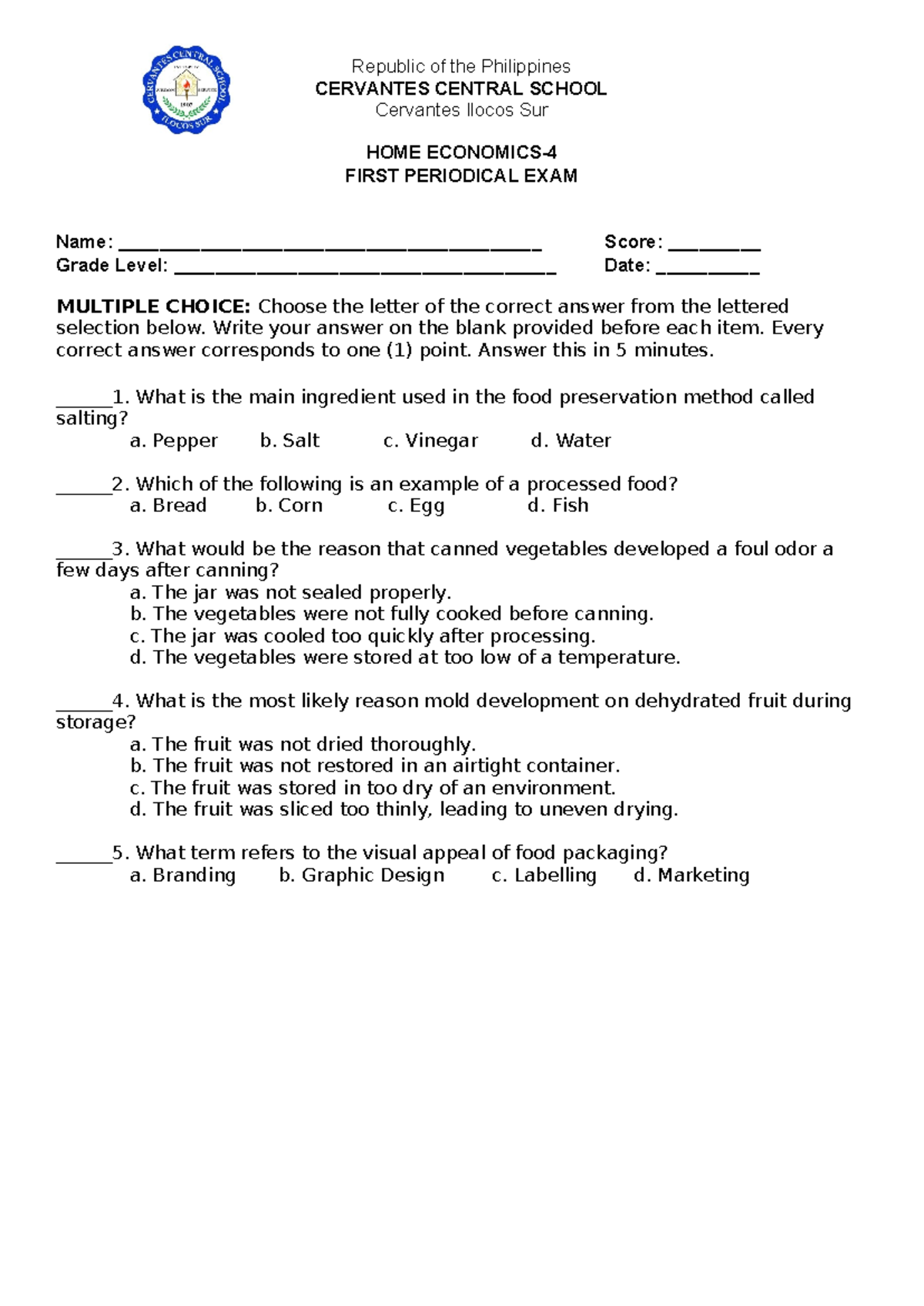 CERVANTES CENTRAL SCHOOL MC - 1st Periodical Exam Sample for Assessment ...
