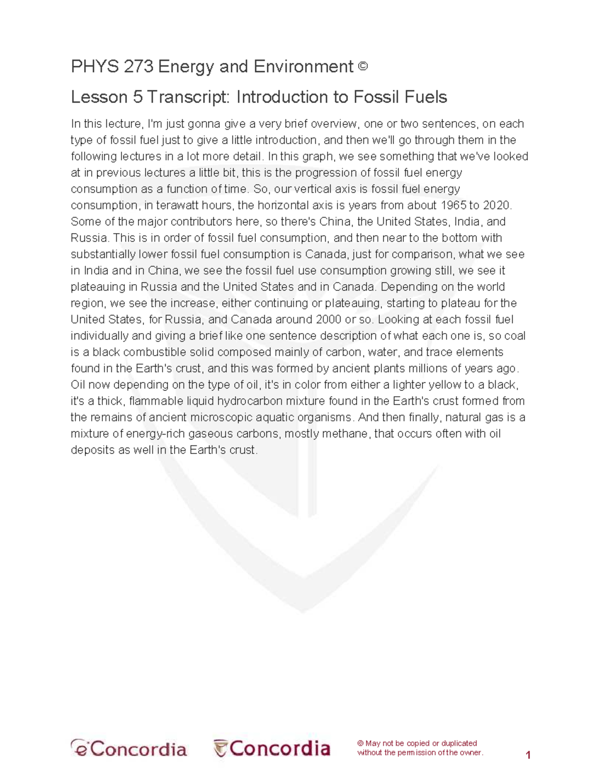 PHYS 273 Energy and Environment Lesson 5: Overview of Fossil Fuels ...